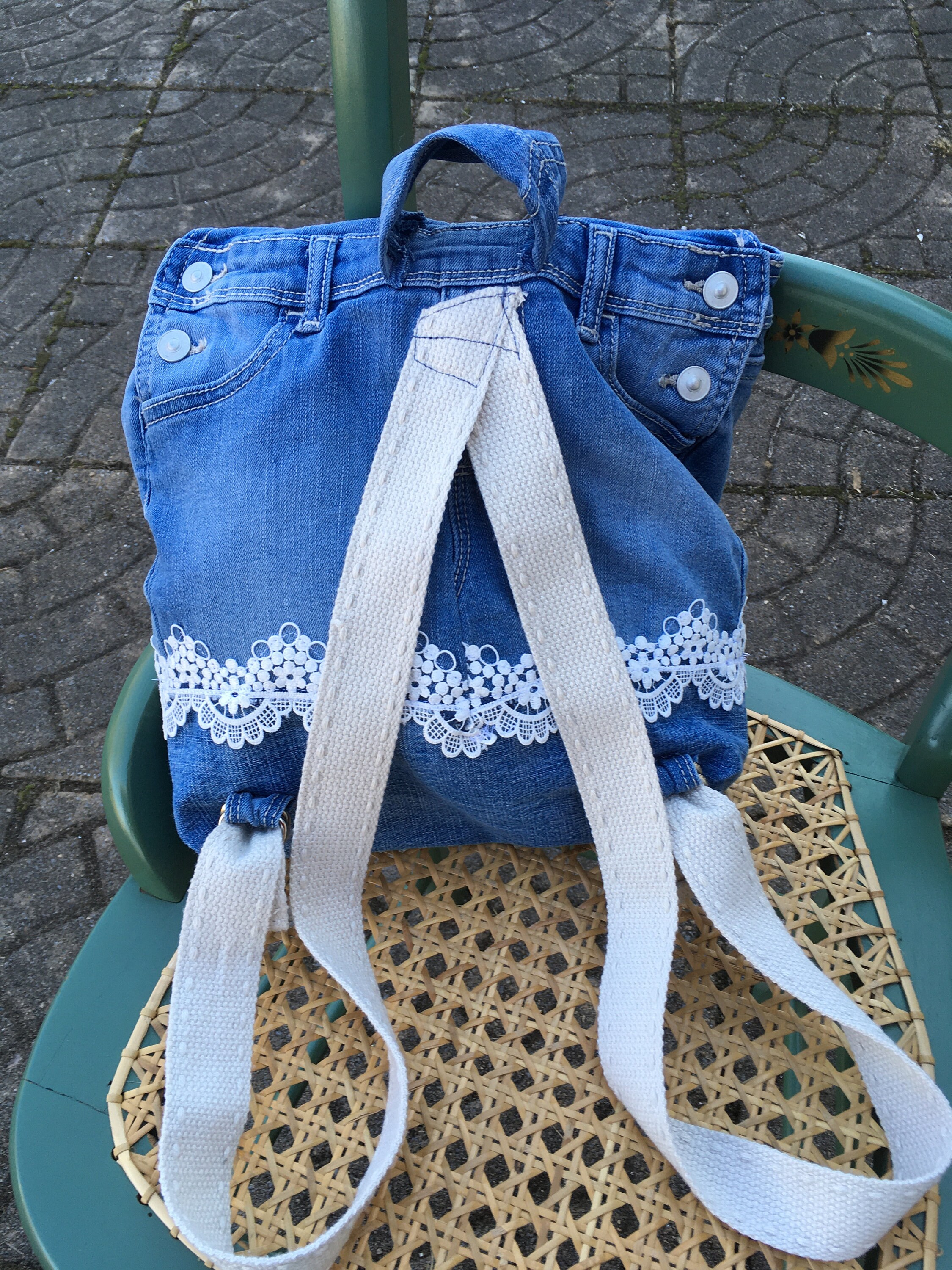 Lace Trimmed Denim Backpack Made From Bib Overalls. - Etsy