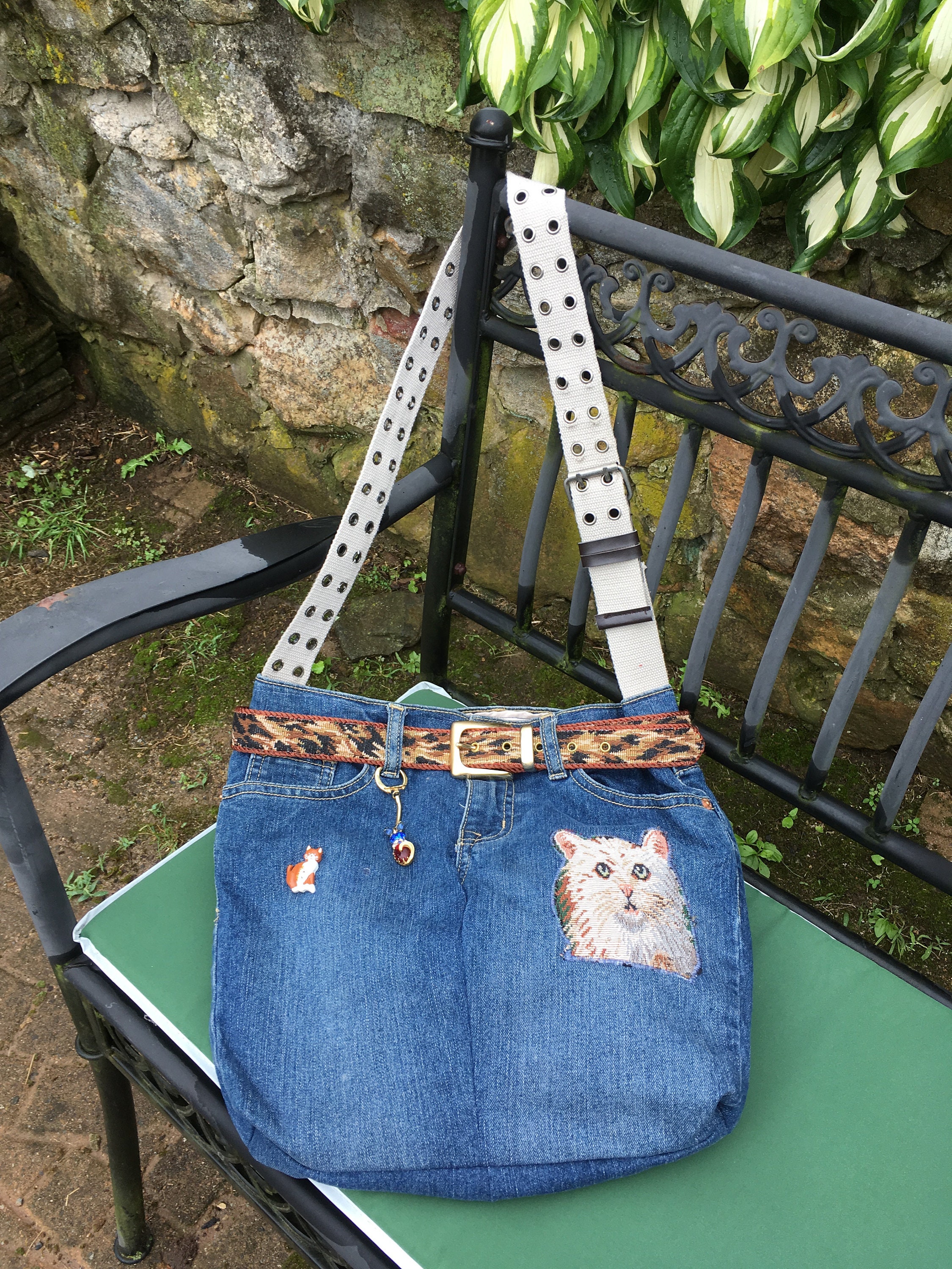 Cat on Denim Purse - Jeans Bag - Denim Handbag - Repurposed Jeans ...