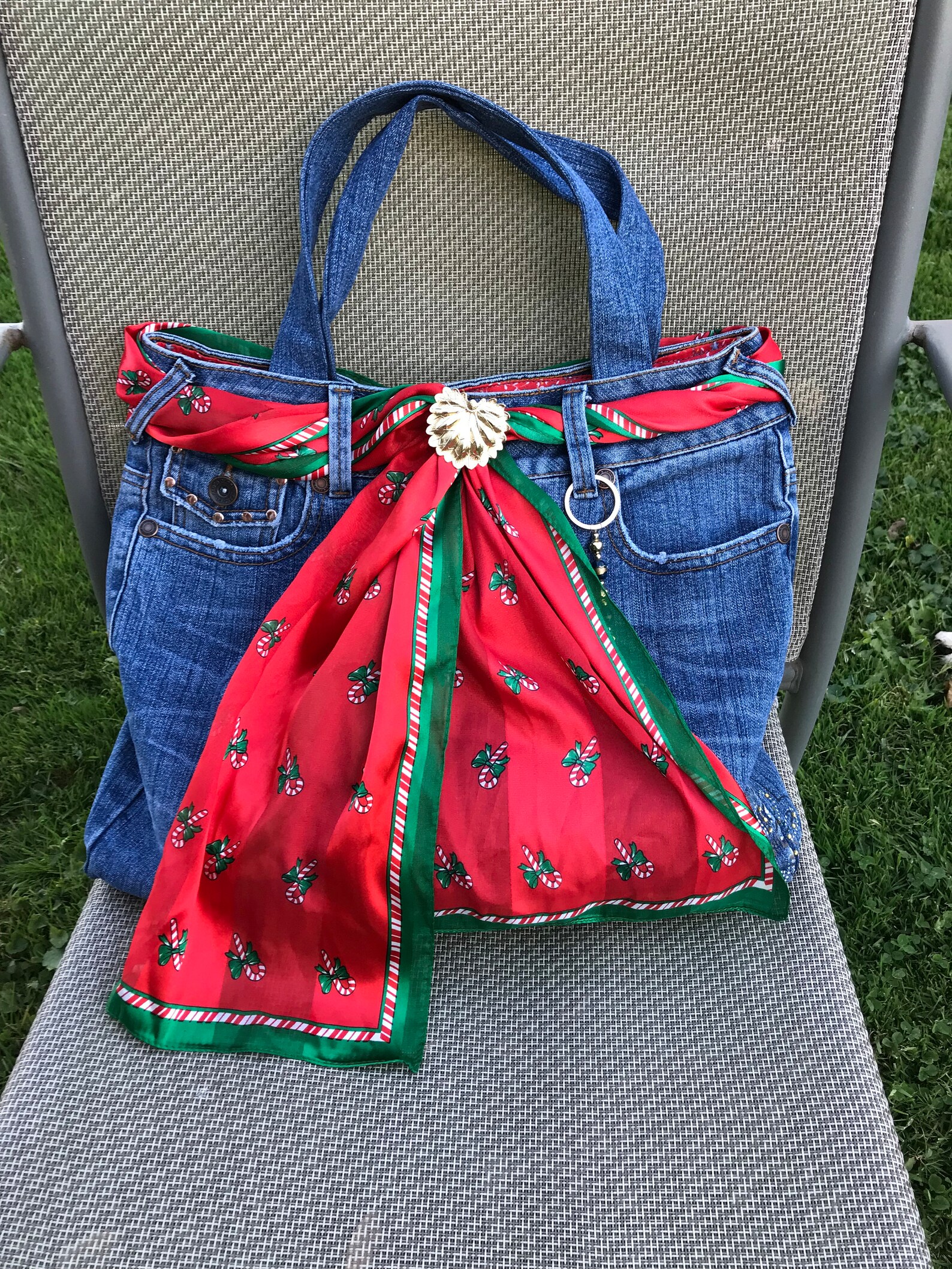 Jeans Handbag With Scarf. Two Red Scarves, One Christmas, One Floral ...