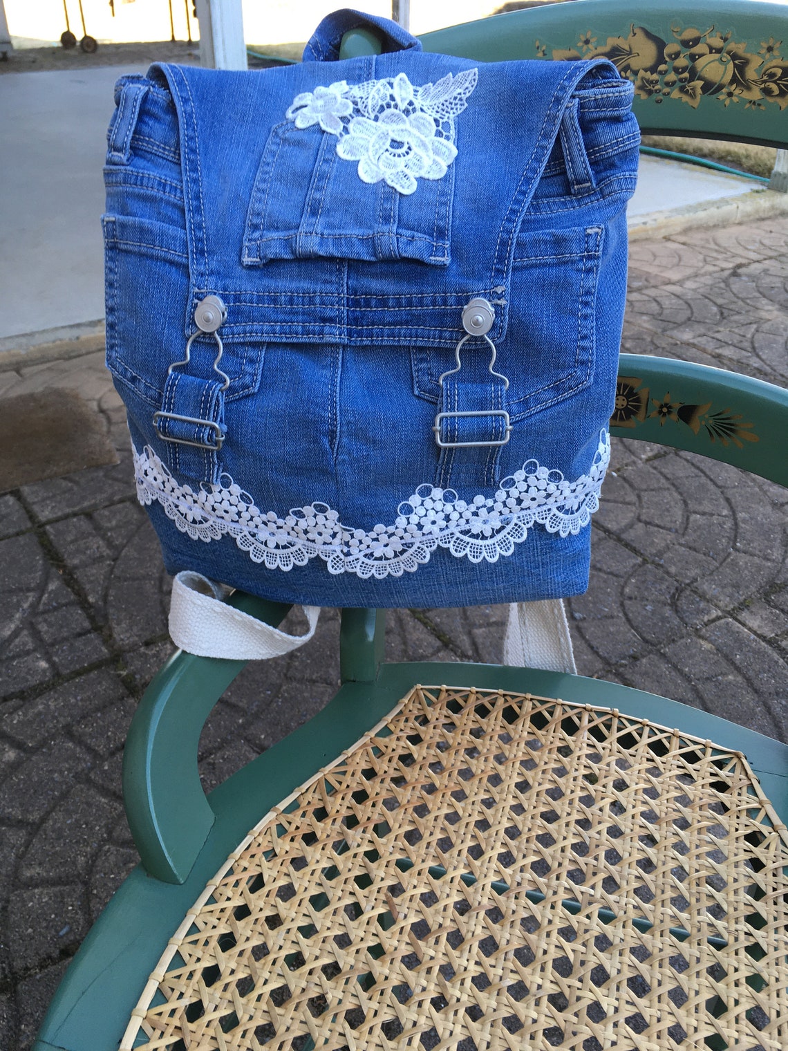 Lace Trimmed Denim Backpack Made From Bib Overalls. - Etsy