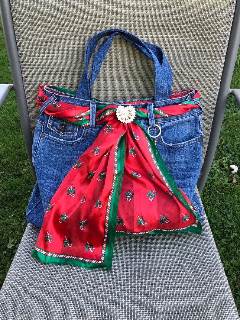 Jeans Handbag With Scarf. Two Red Scarves, One Christmas, One Floral ...