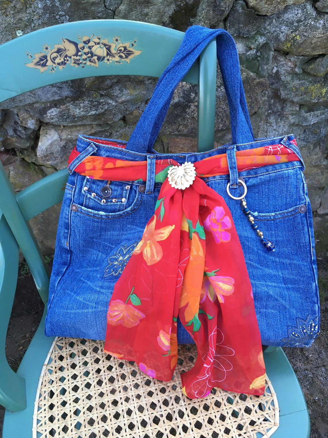 Jeans Handbag With Scarf. Two Red Scarves, One Christmas, One Floral ...