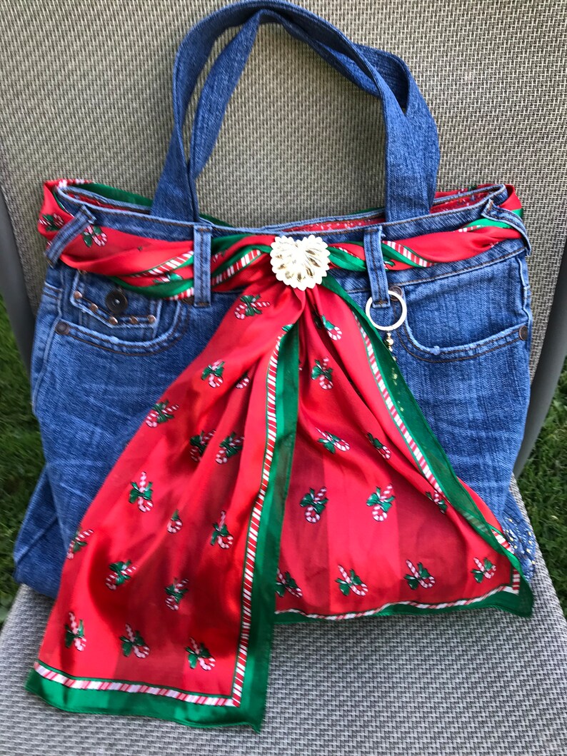 Jeans Handbag With Scarf. Two Red Scarves, One Christmas, One Floral ...