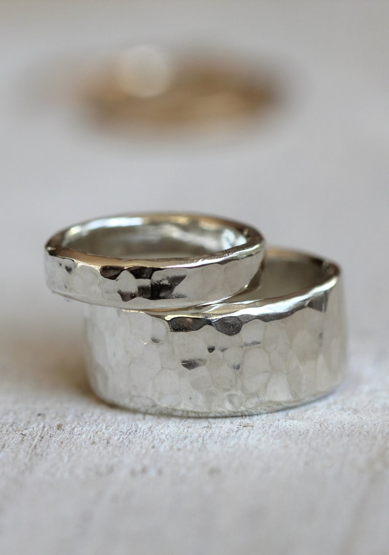 Wedding Ring Set Sterling Silver Hammered Rings - Etsy