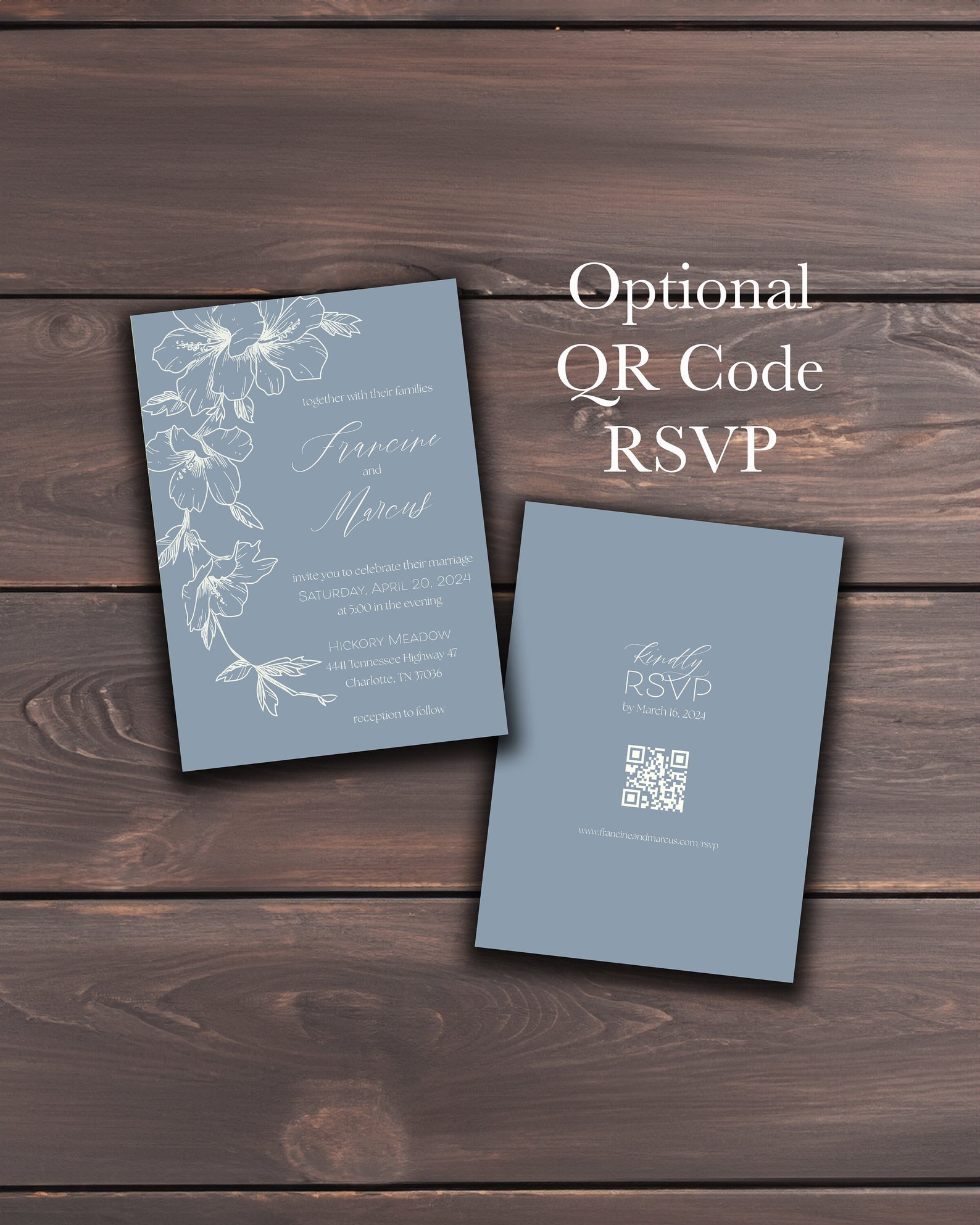 Dusty Blue Wedding Invitation Printed Invites With Envelopes & Optional ...