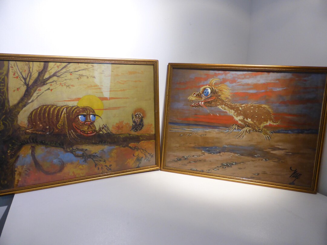 Victorian Monsters Watercolour Paintings X2 Signed NAP Gilt Framed 2of2 ...