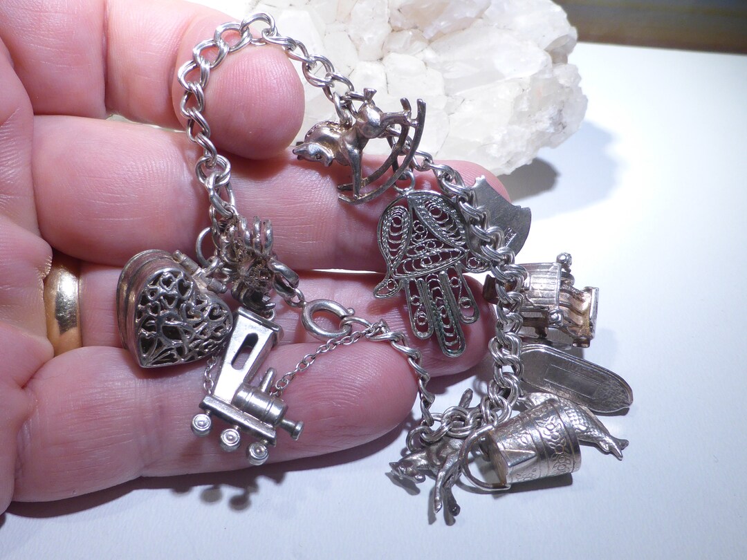 Vintage Solid Silver Charm Bracelet Curb Link Chain With 11 Solid ...
