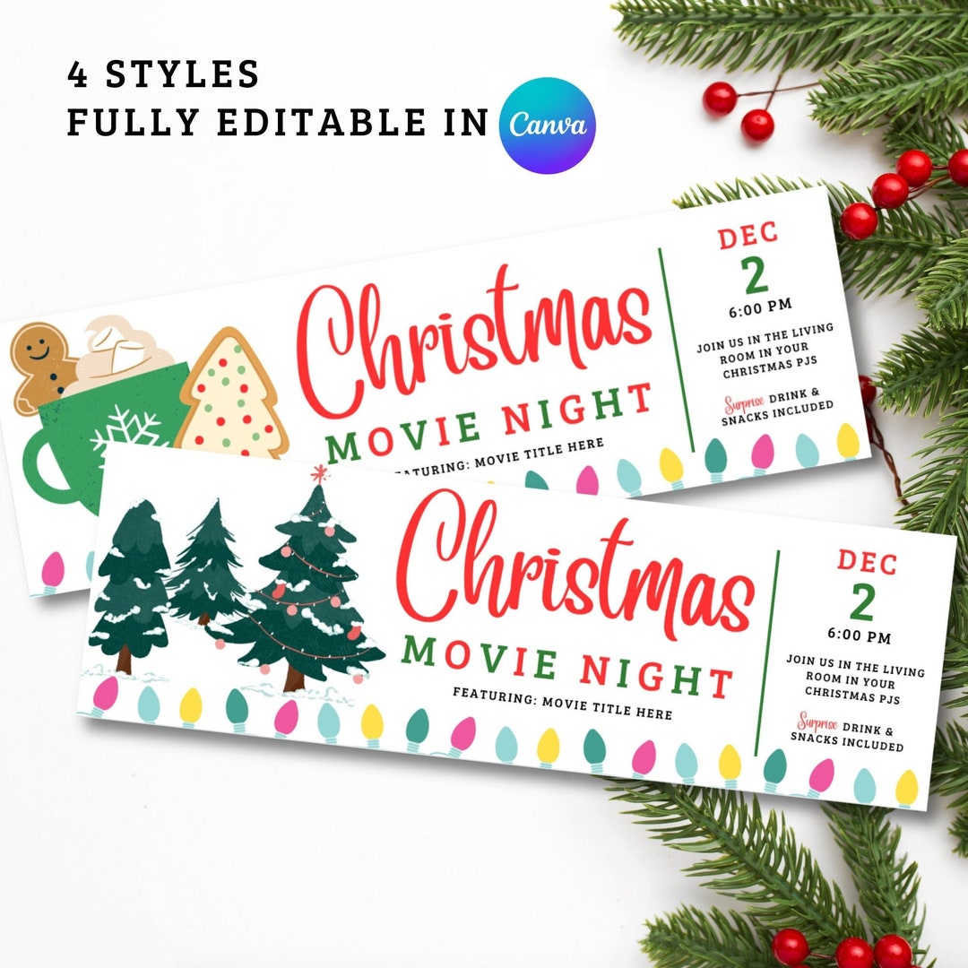 Christmas Movie Night Tickets, Digital Movie Night Ticket, Printable ...