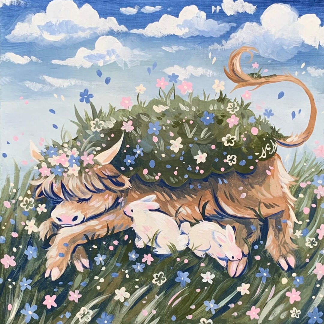Mossy Cow ~ Original Painting of a Highland Cow With Bunnies in a Field ...
