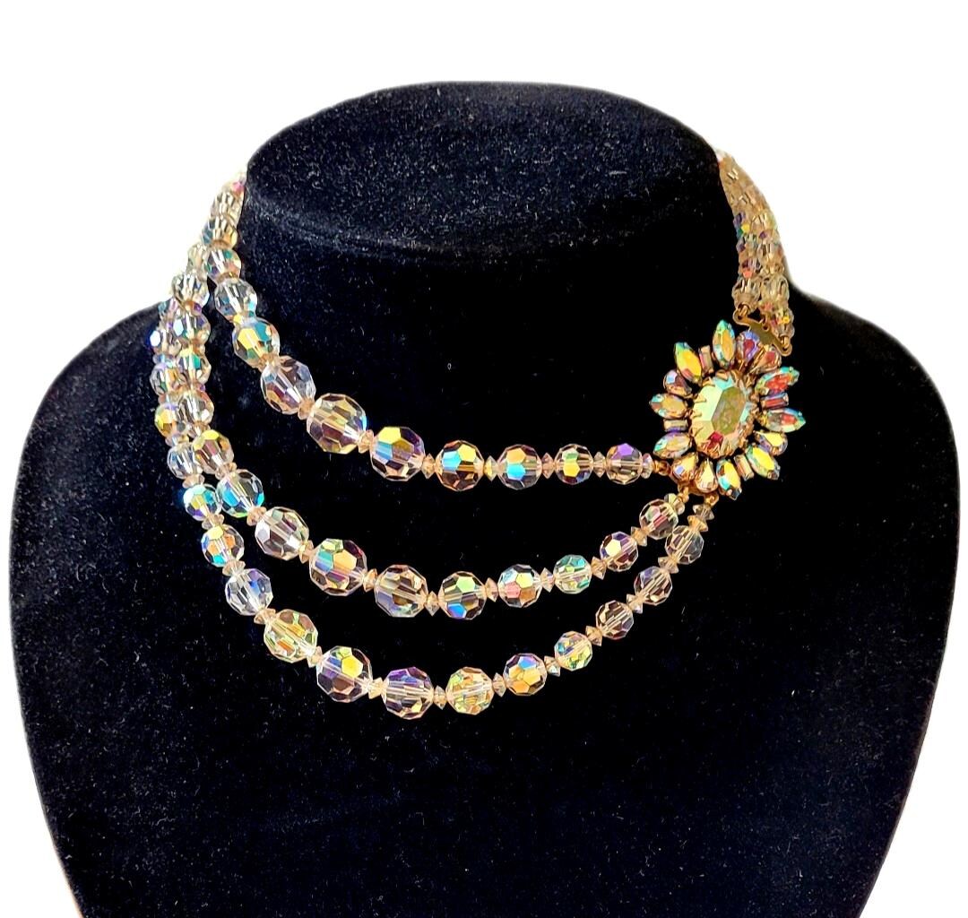 Vintage Three Strand AB Crystal Bead Necklace Decorative Rhinestone ...