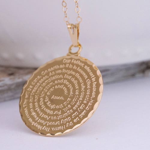 Large Gold Medallion Script Pendant Necklace Father Prayer | Etsy