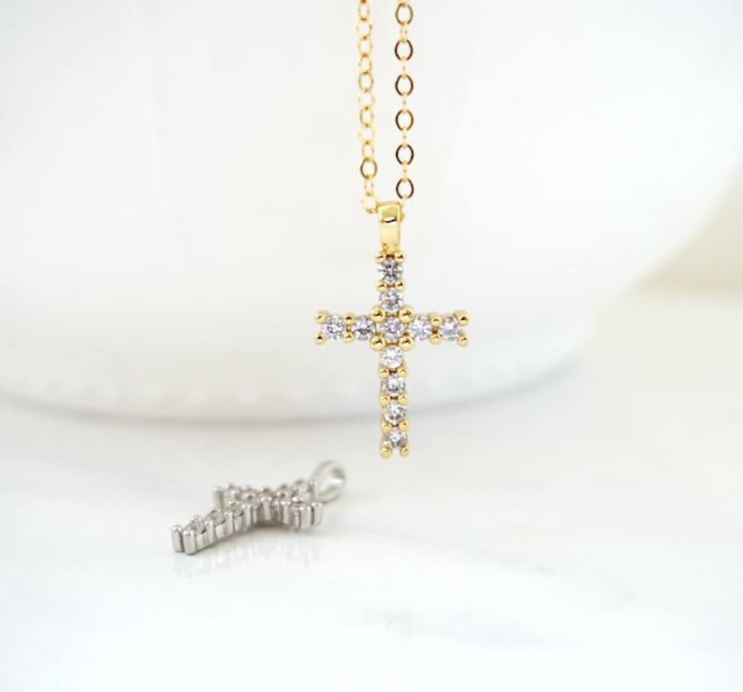Gold CZ Cross Necklace, Silver CZ Cross Necklace, Dainty, Everyday ...