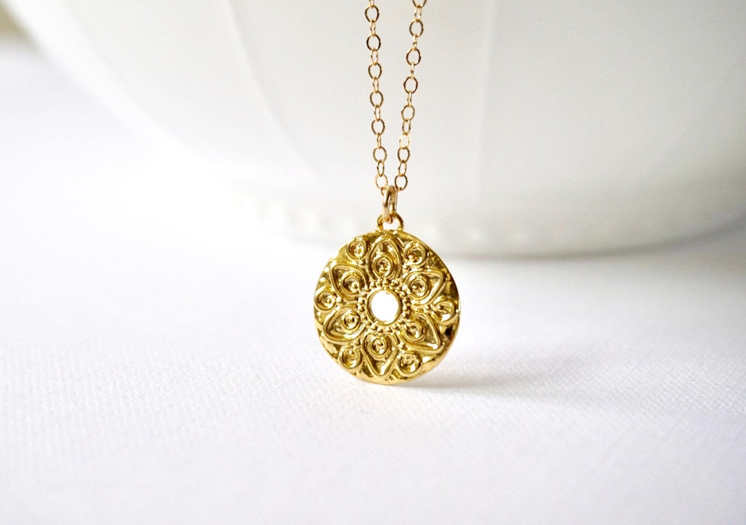 Gold Round Flower Medallion Necklace, Gold Coin Medallion Necklace ...