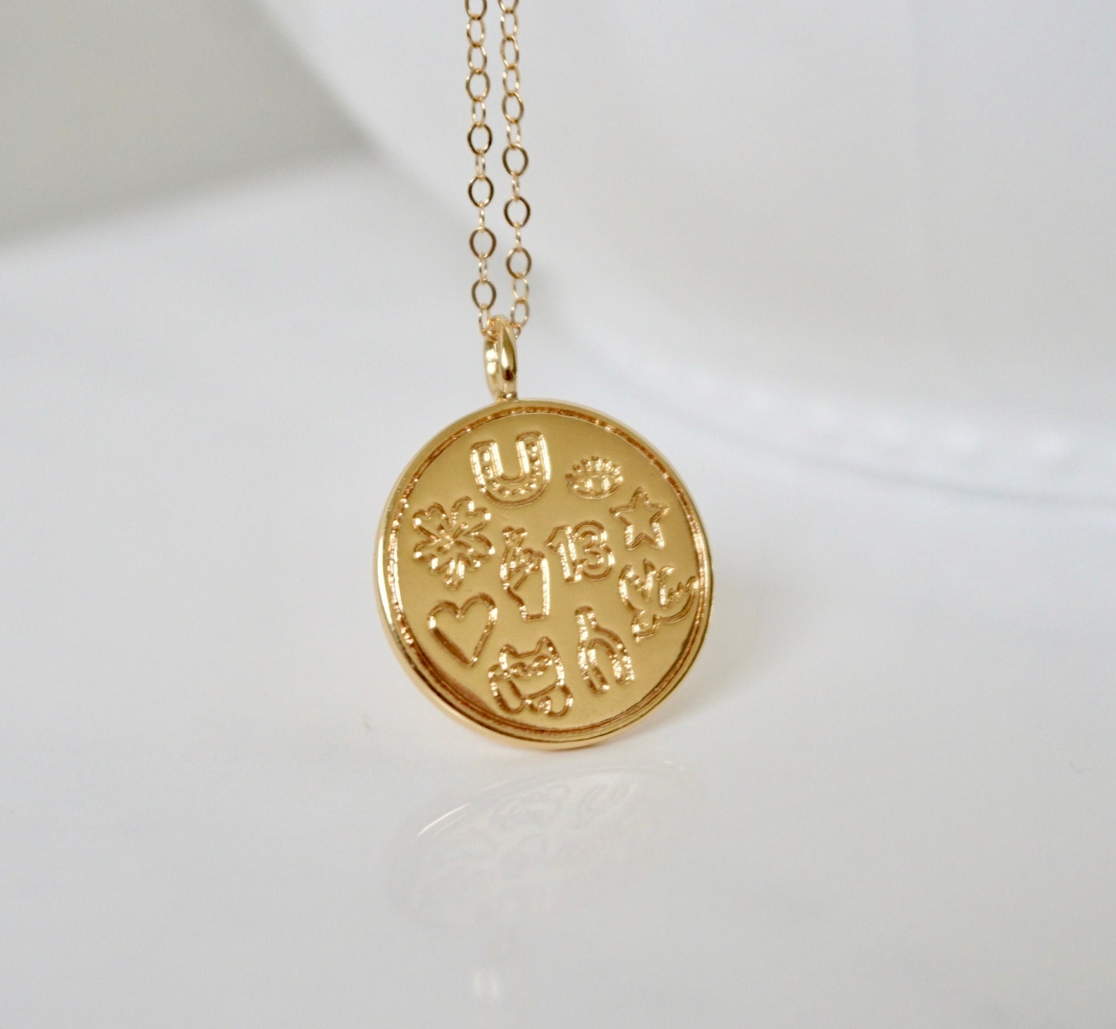 Gold Medallion Good Luck Necklace, Horseshoe, Evil Eye, Lucky 13, Four ...
