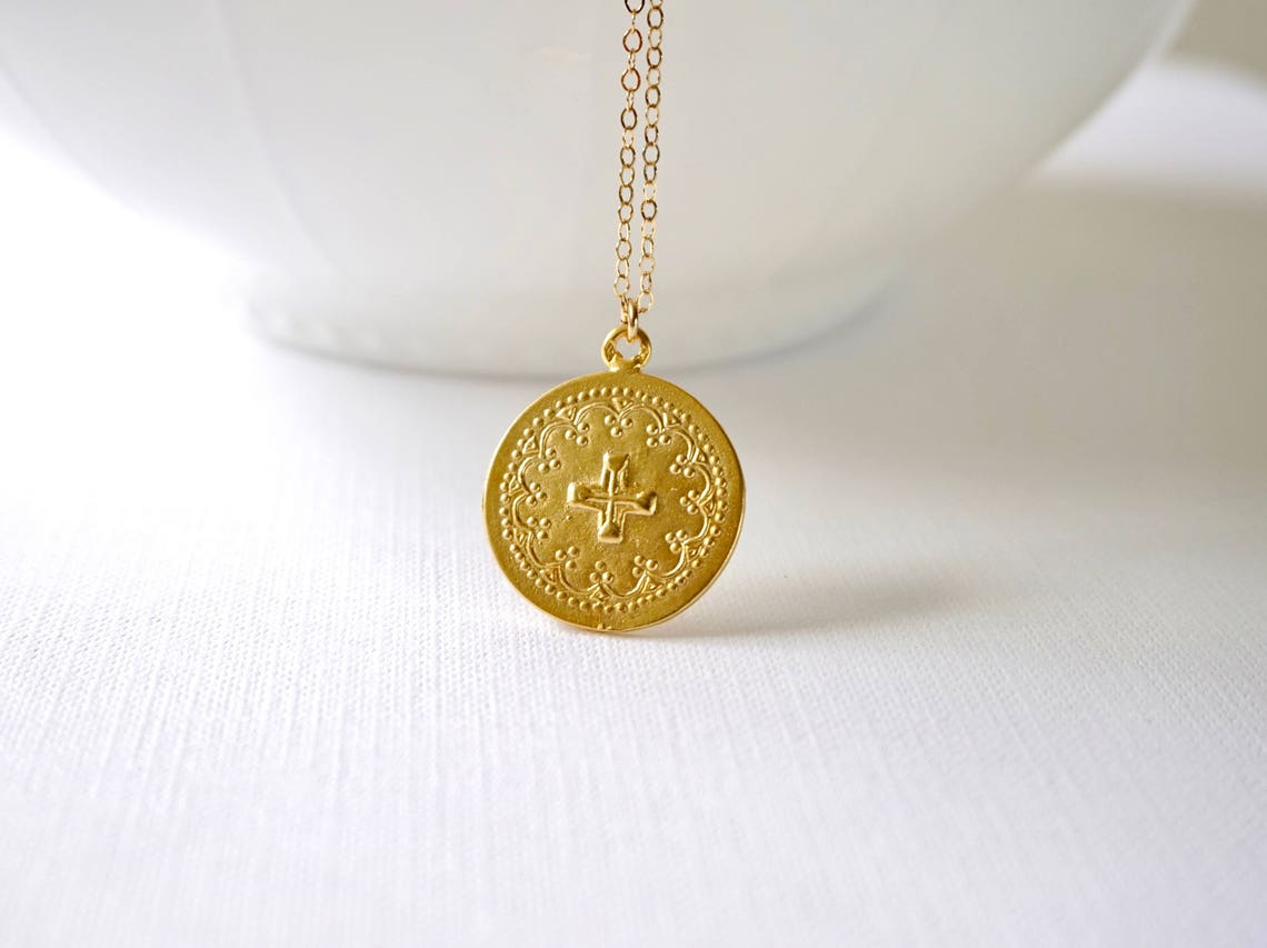 Gold Round Cross Pendant Popular Large Medallion Necklace | Etsy