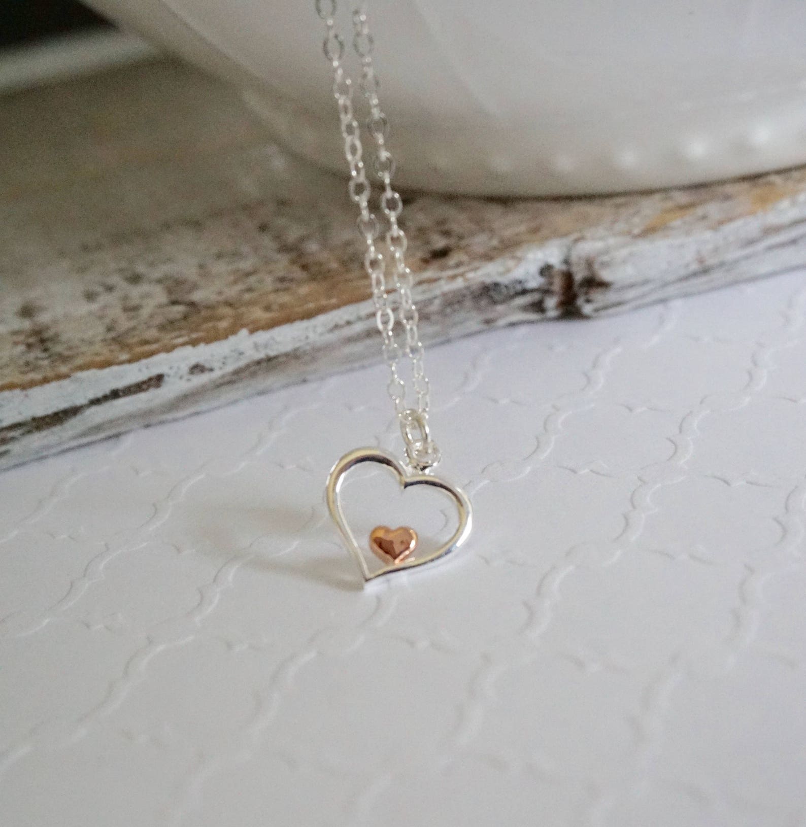 Silver Open Heart With a Tiny Pink Heart Necklace, Sterling Silver Open ...