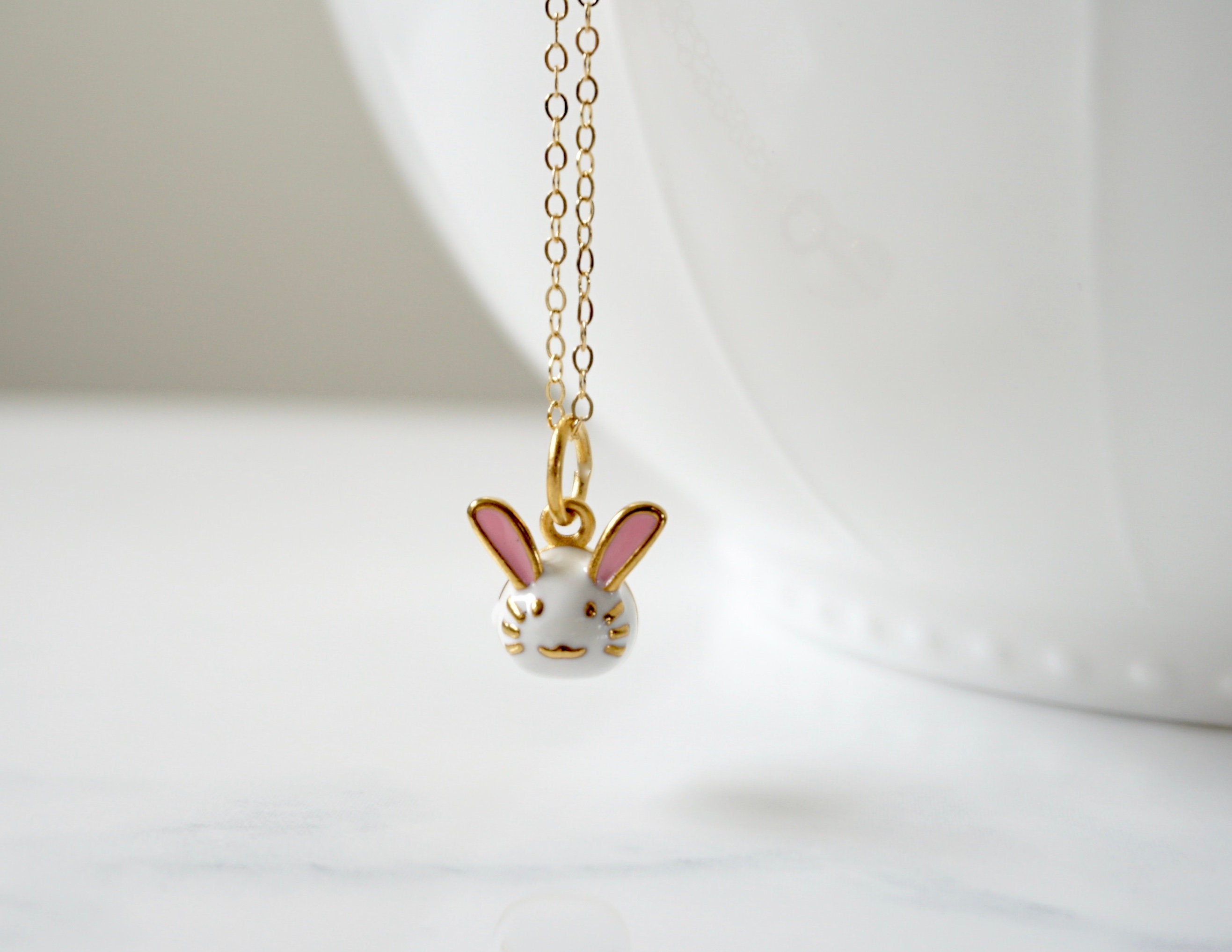 Dainty and Cute Little White Bunny Necklace Pink Bunny Charm | Etsy