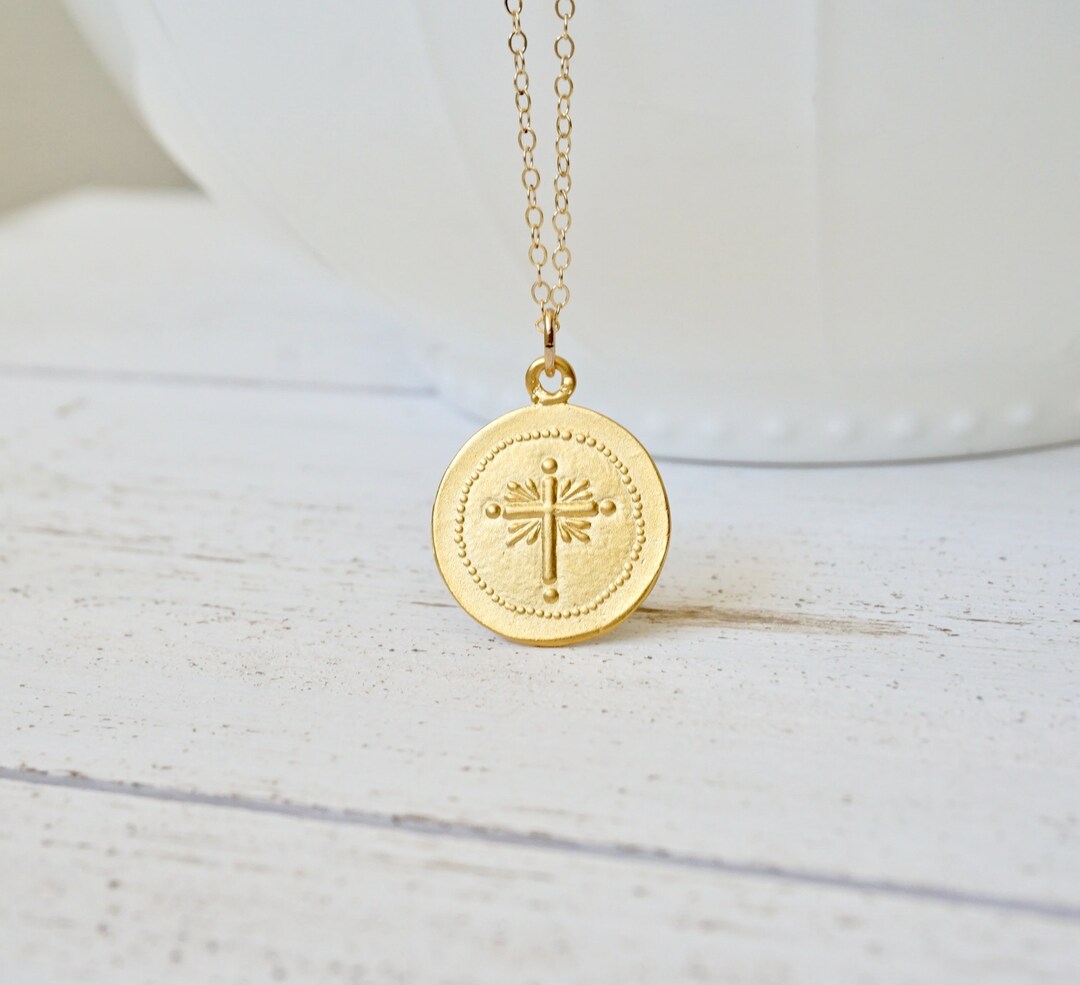 Gold Round Cross Medallion Pendant, Silver Cross Medallion Necklace ...