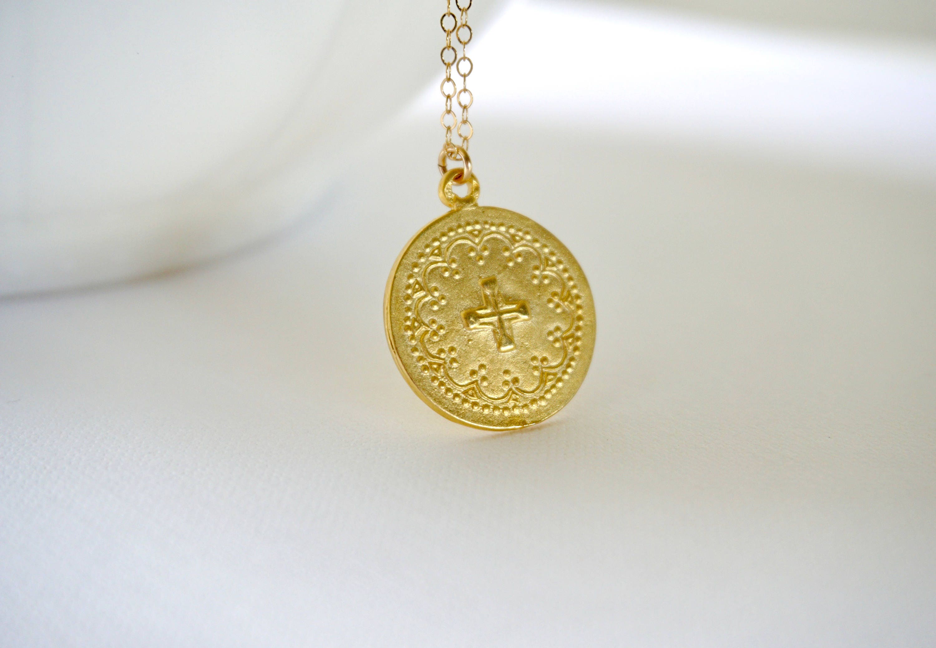 Gold Round Cross Pendant Popular Large Medallion Necklace | Etsy