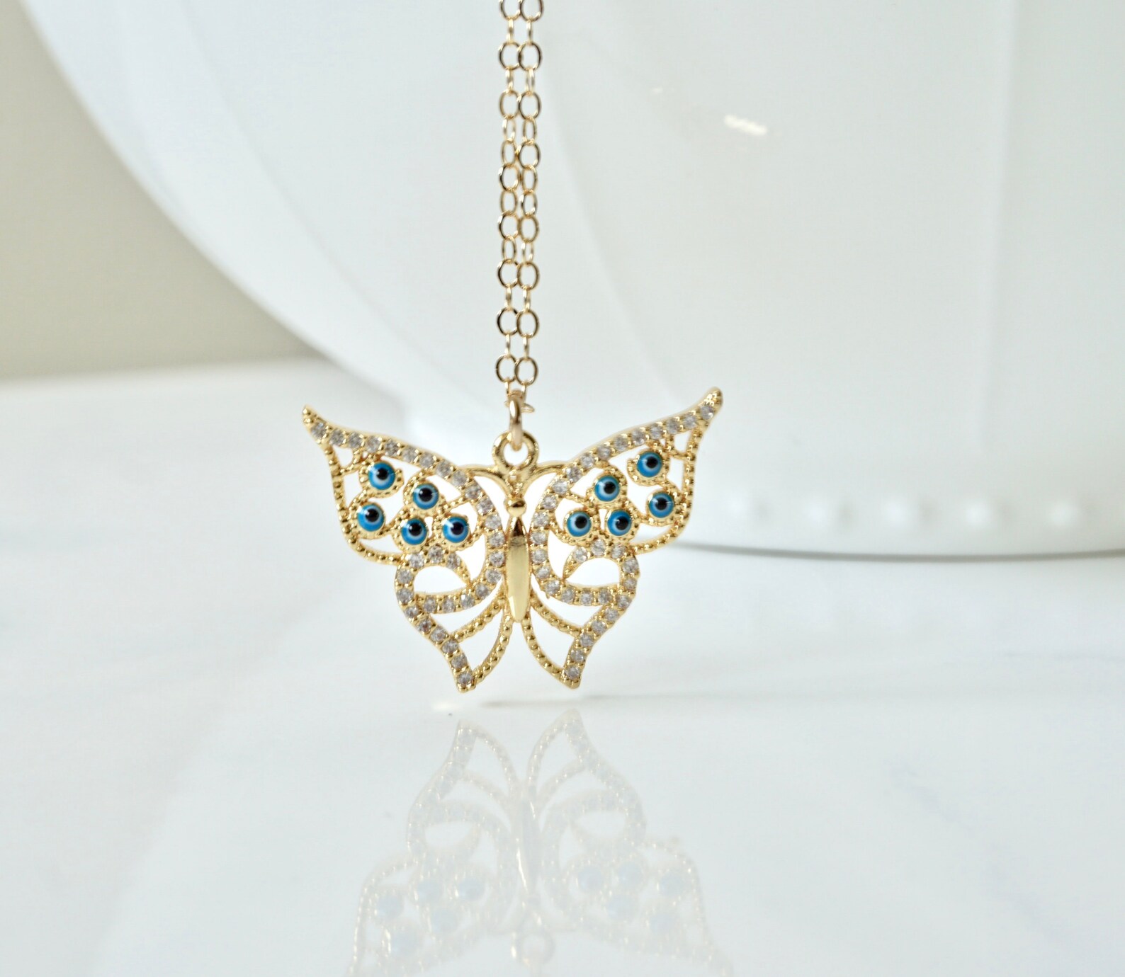 Evil Eye Necklace Butterfly with Crystal CZ and Tiny Evil | Etsy