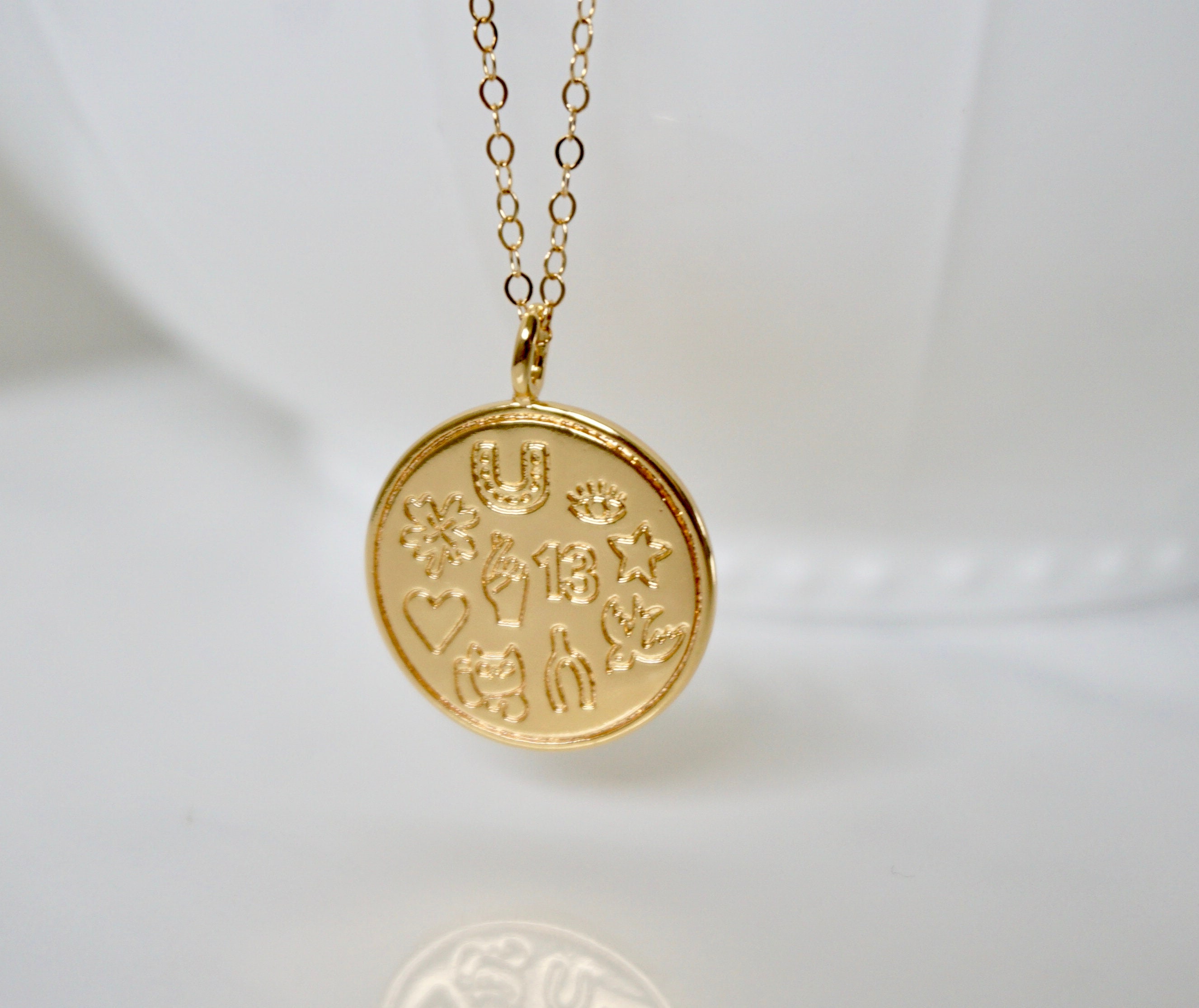 Gold Medallion Good Luck Necklace, Horseshoe, Evil Eye, Lucky 13, Four ...