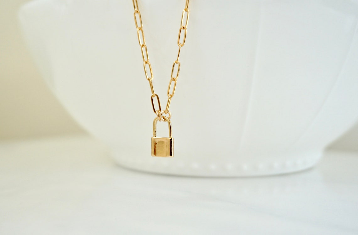 Padlock Necklace With Long Drawn Chain, Gold Small Lock Necklace, Love ...