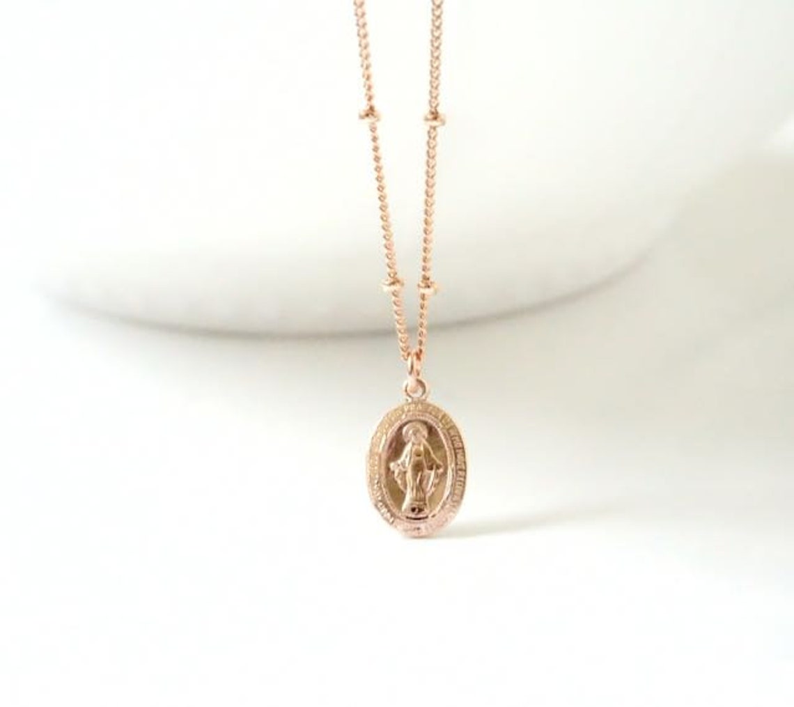 Rose Gold Filled Virgin Mary Medal Beaded Chain Necklace Gold | Etsy