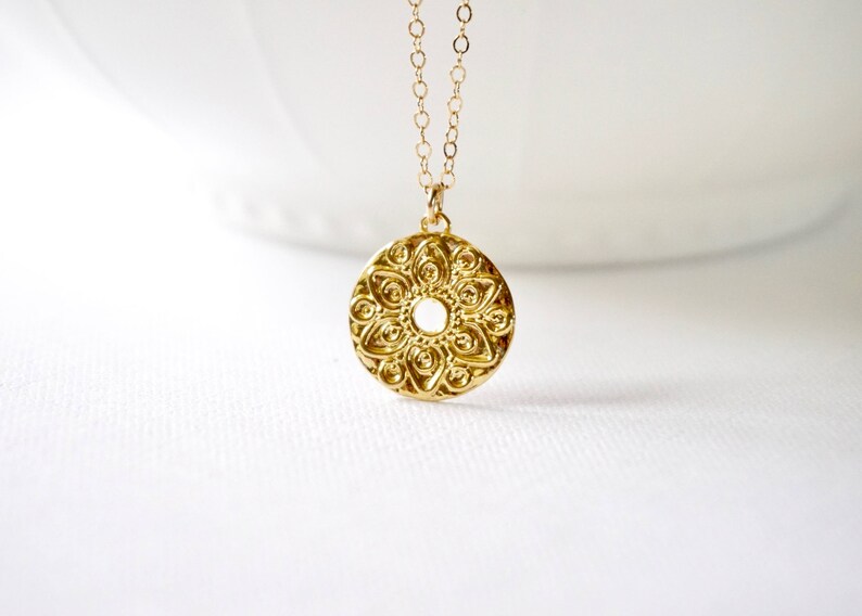 Gold Round Flower Medallion Necklace Gold Coin Medallion - Etsy