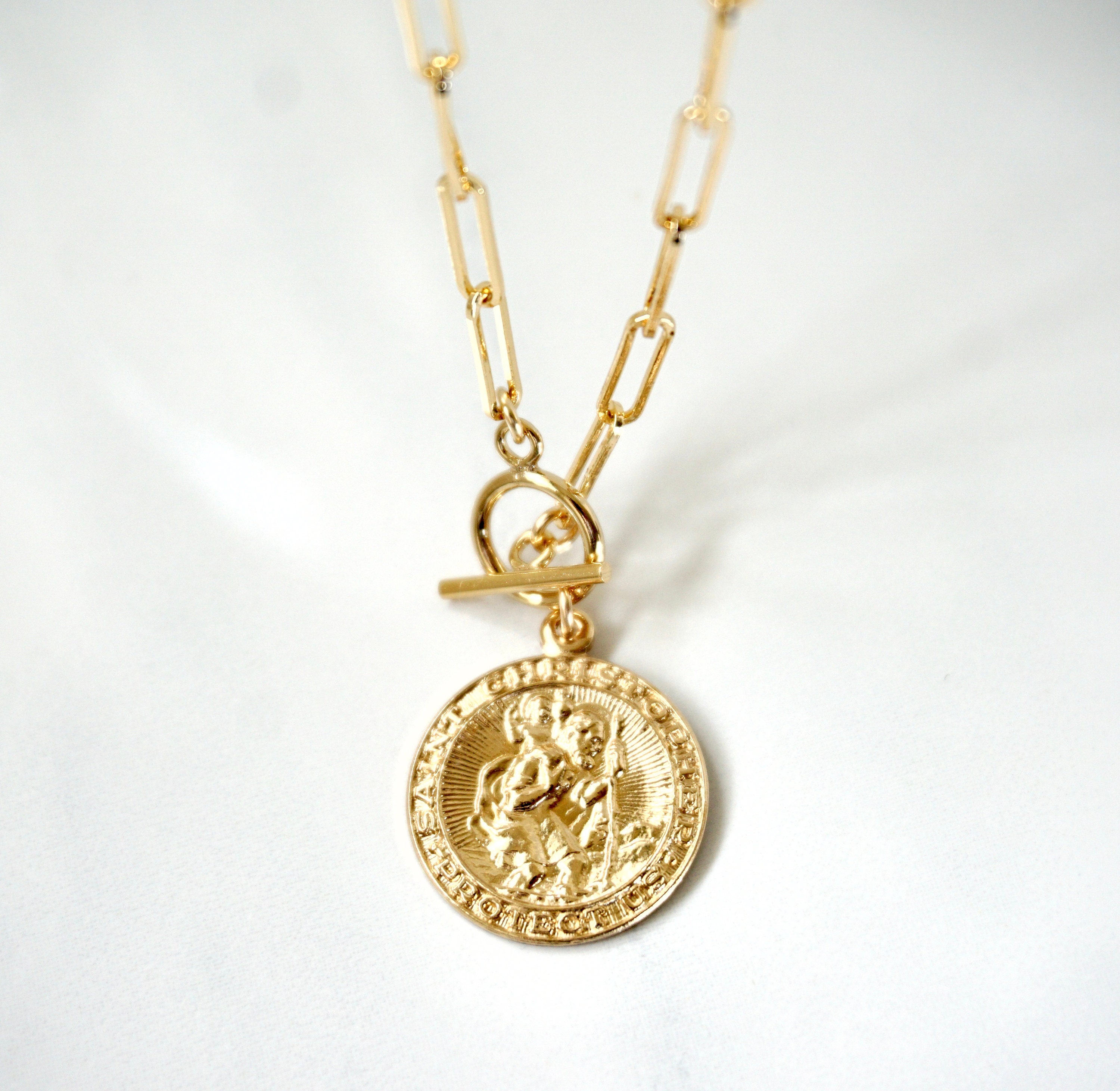 Saint Christopher Link Chain Toggle Necklace Gold Filled | Etsy