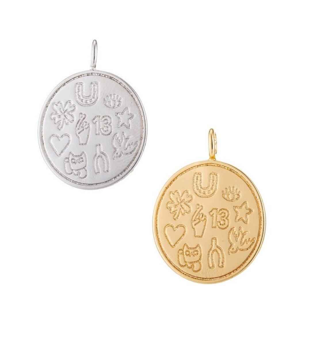 Gold Medallion Good Luck Necklace, Horseshoe, Evil Eye, Lucky 13, Four ...