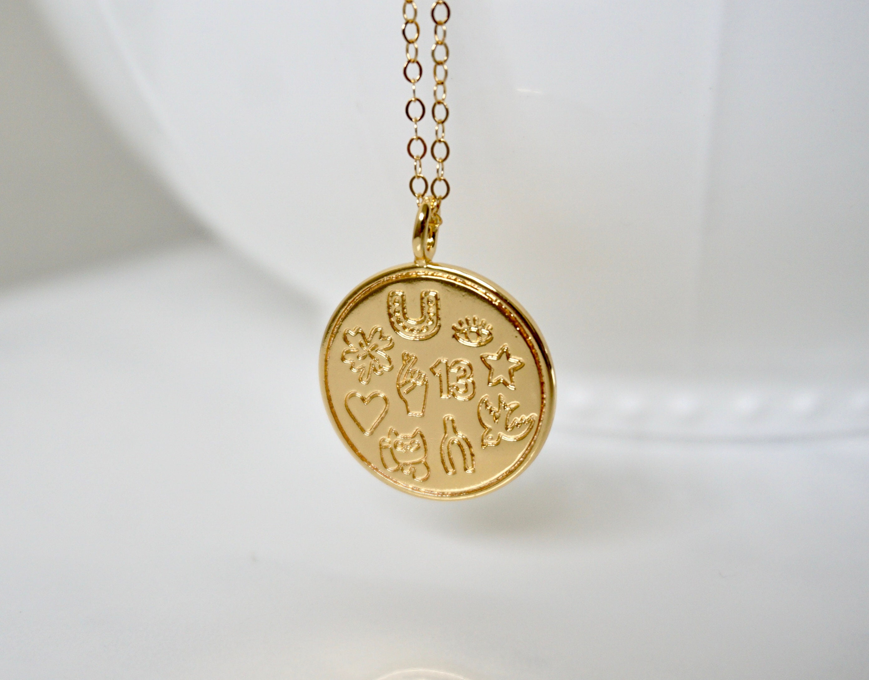 Gold Medallion Good Luck Necklace, Horseshoe, Evil Eye, Lucky 13, Four ...