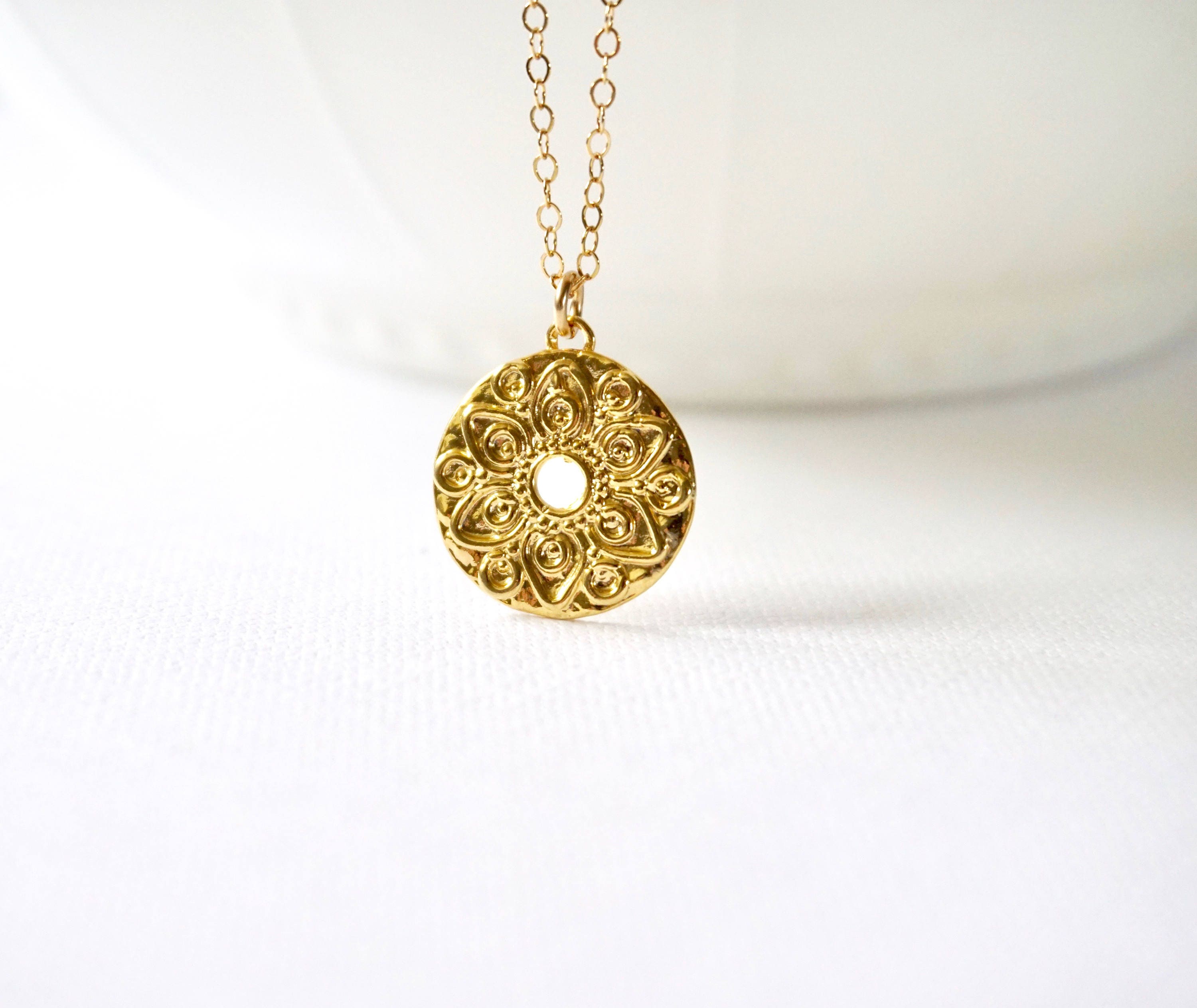 Gold Round Flower Medallion Necklace, Gold Coin Medallion Necklace ...