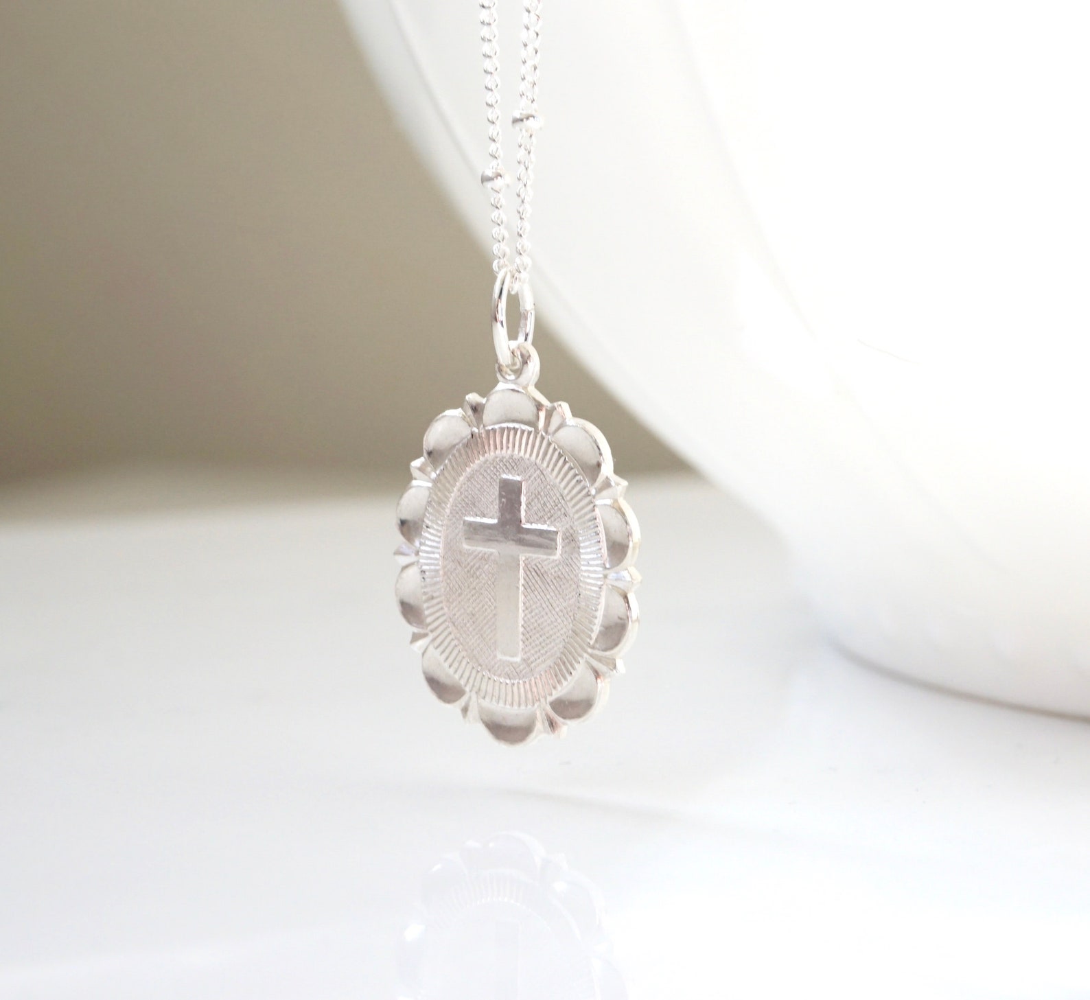 Sterling Silver Cross Necklace Beaded Chain Silver Cross | Etsy