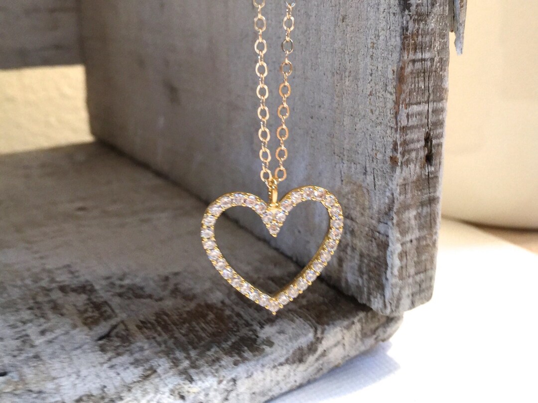 Open Heart Necklace, Gold CZ Heart Necklace, Silver CZ Open Heart ...
