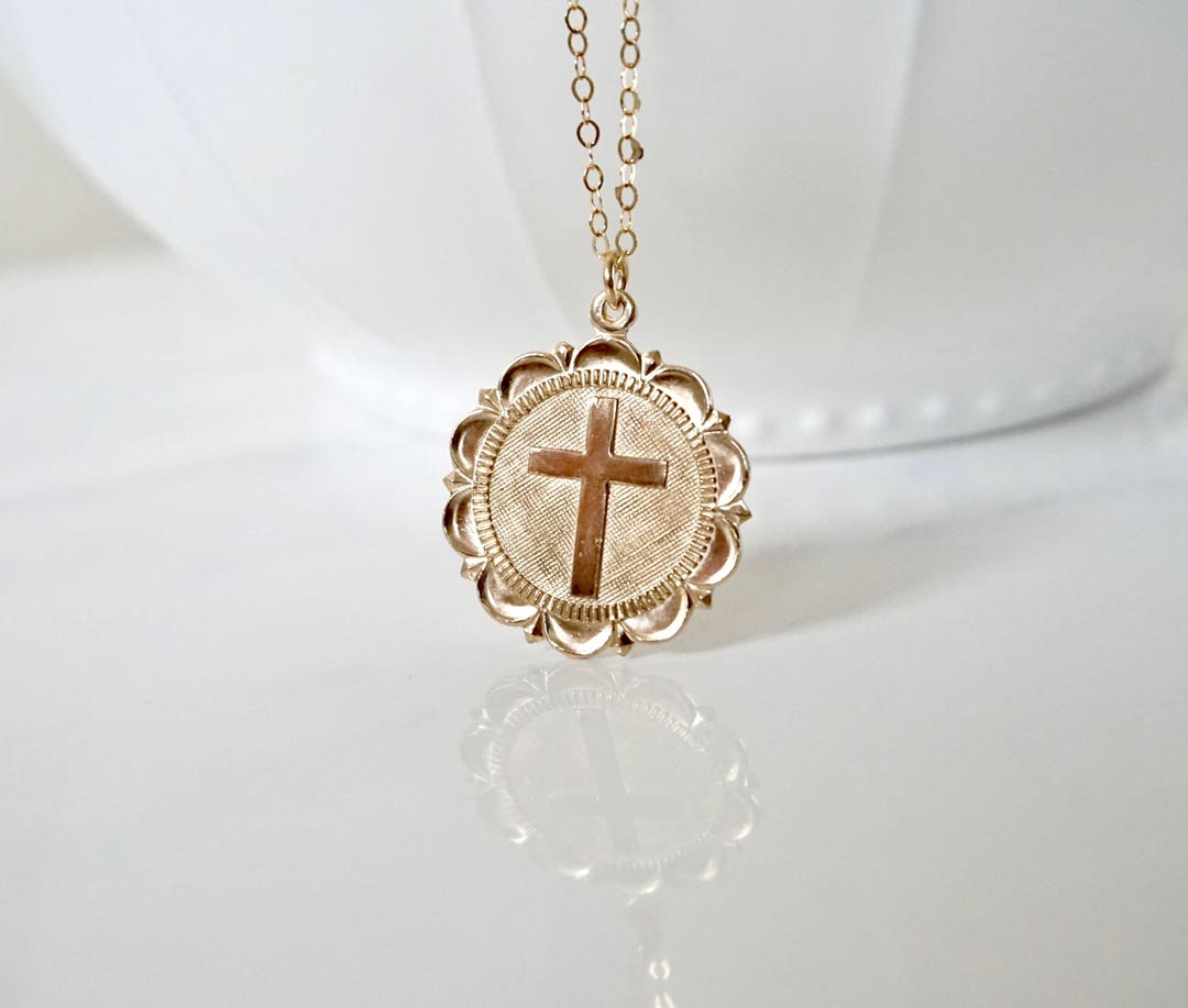 Gold Cross Necklace, Gold Filled Cross Medallion Necklace, Sterling ...
