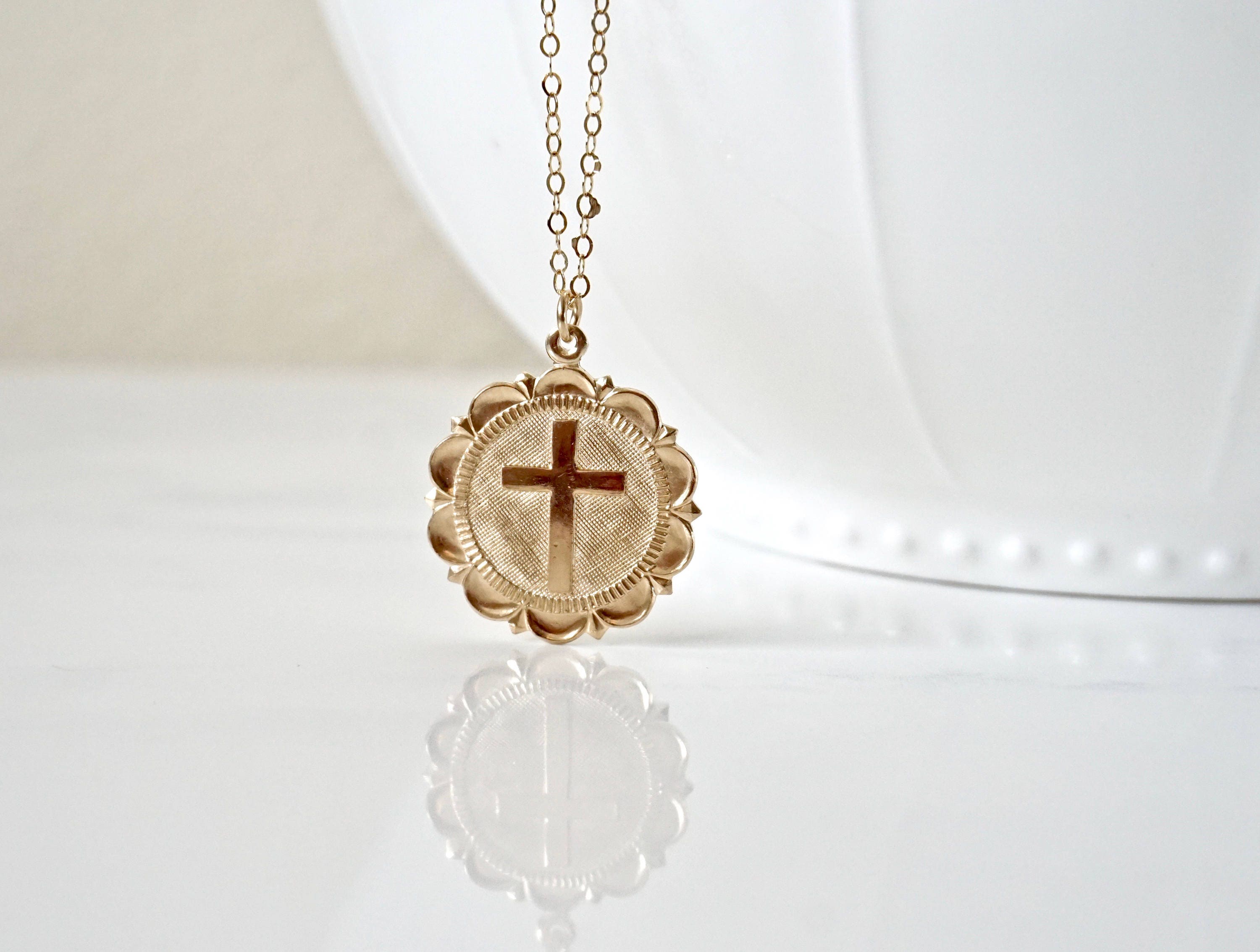 Gold Cross Necklace Gold Filled Cross Medallion Necklace | Etsy