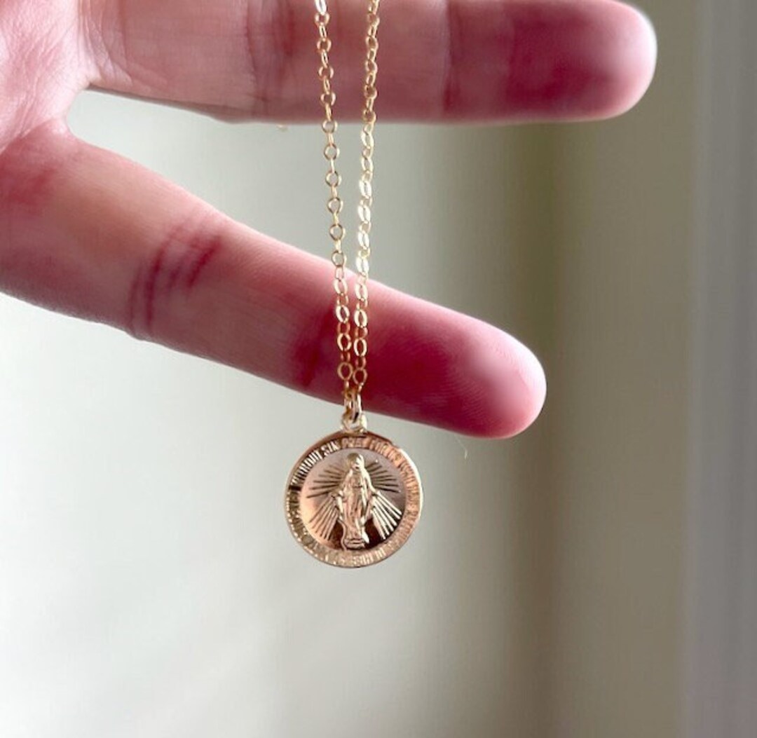 Virgin Mary Medallion Necklace, 14kt Gold Filled Mary Medal, Stirling ...