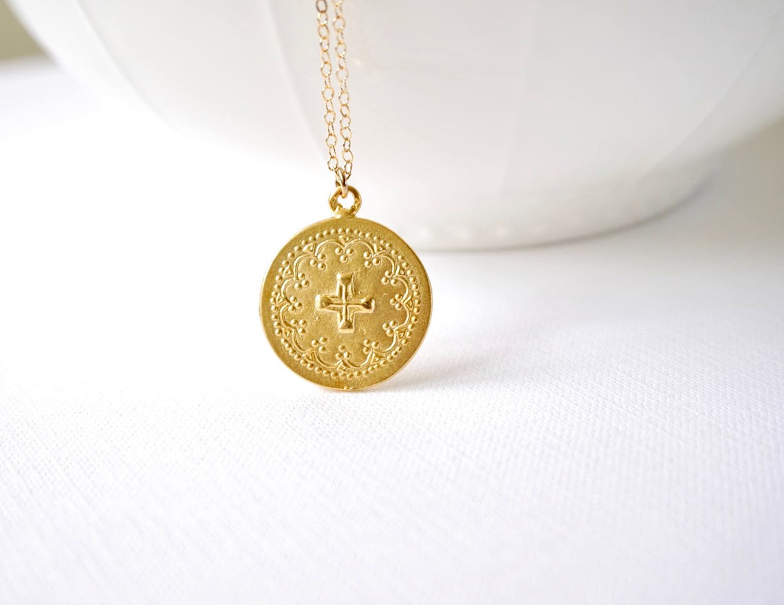 Gold Round Cross Pendant Popular Large Medallion Necklace | Etsy