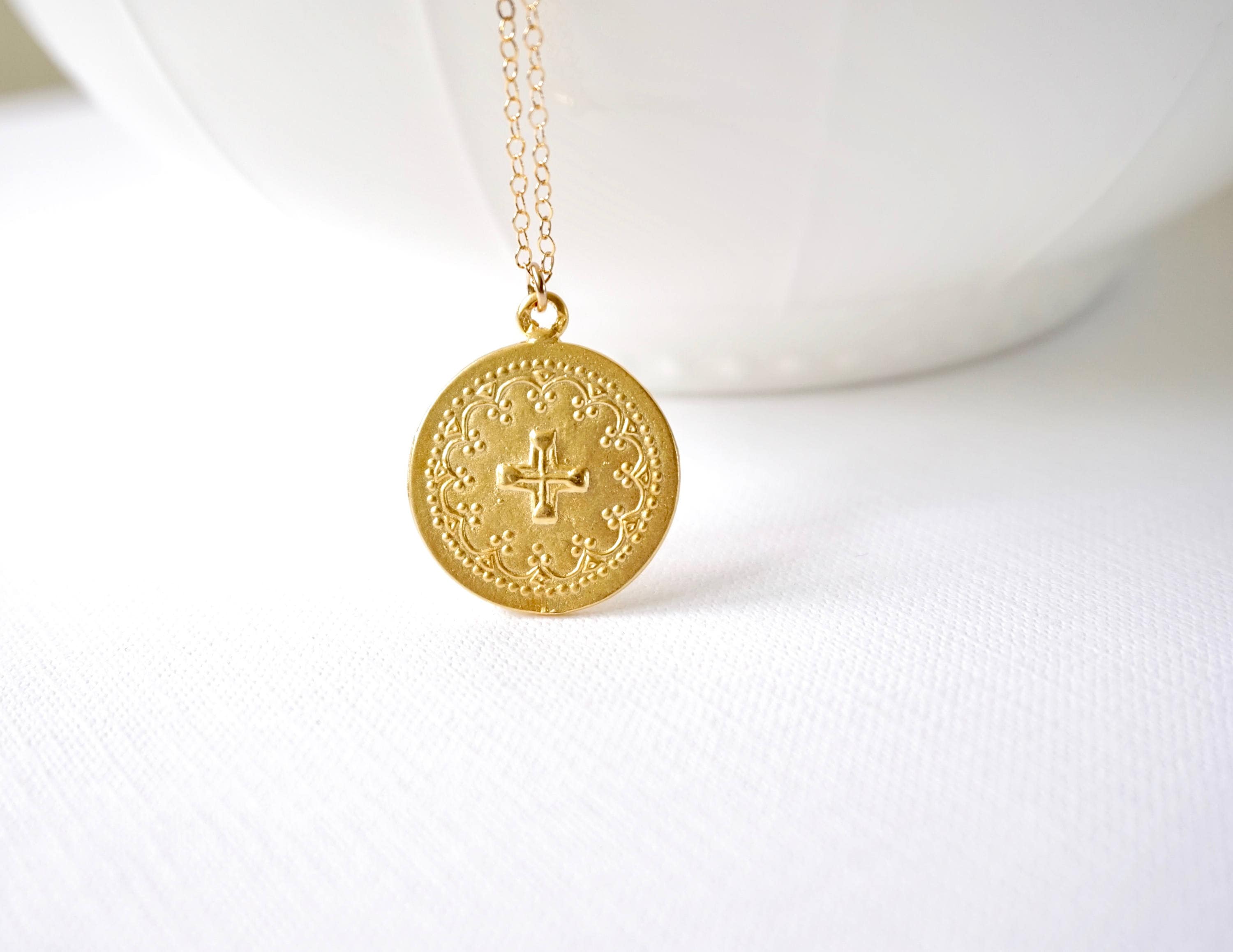 Gold Round Cross Pendant Popular Large Medallion Necklace | Etsy