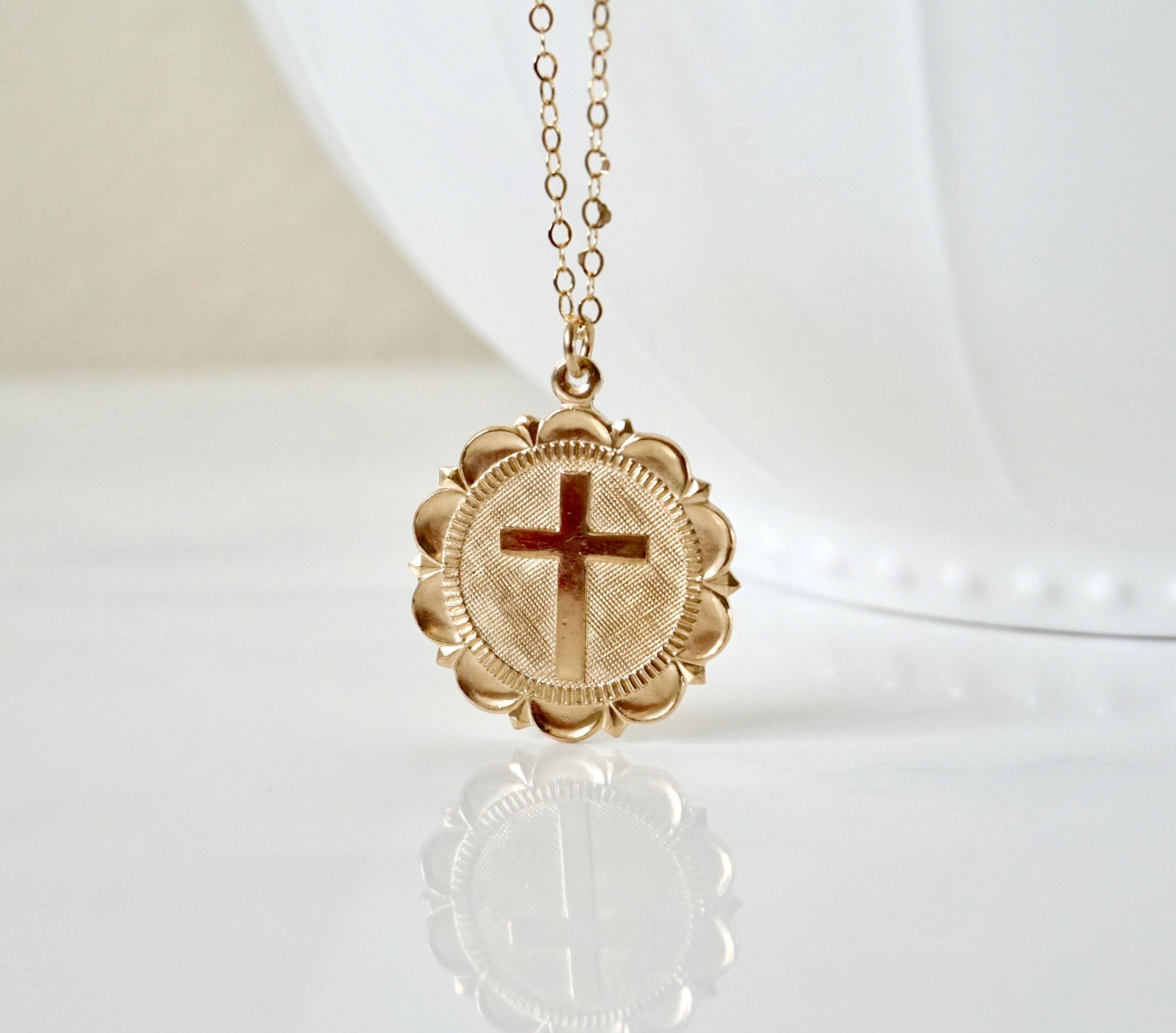 Gold Cross Necklace Gold Filled Cross Medallion Necklace | Etsy