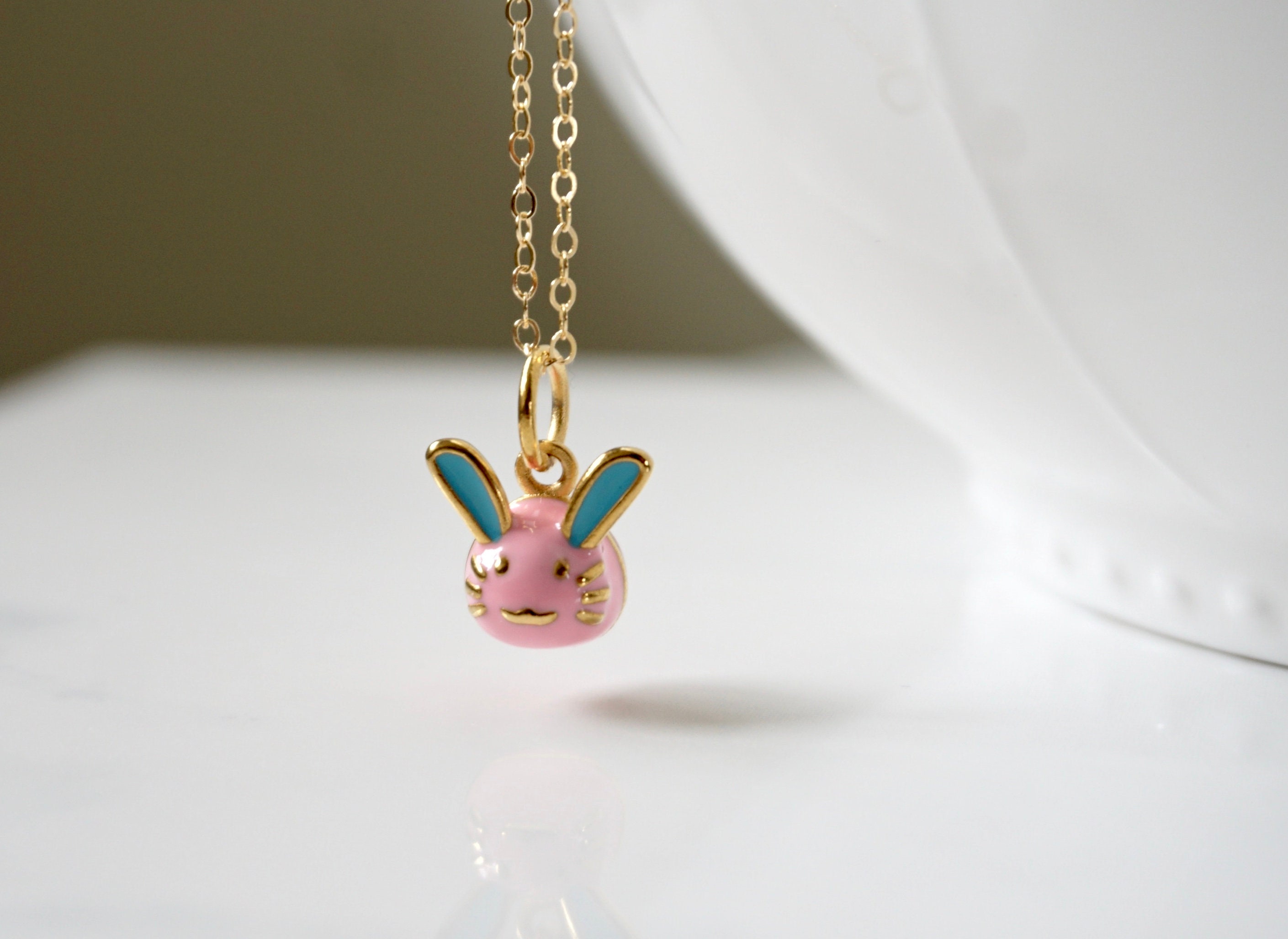 Dainty and Cute Little White Bunny Necklace Pink Bunny Charm | Etsy