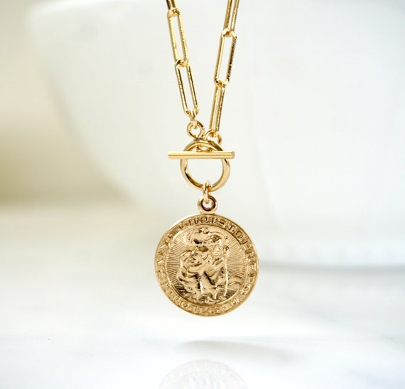 Saint Christopher Link Chain Toggle Necklace Gold Filled | Etsy