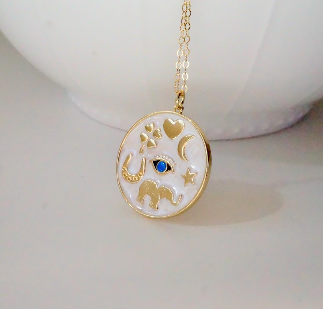 Pearl White and Gold Good Luck Elephant Medallion, Ohm, Evil Eye, Heart ...