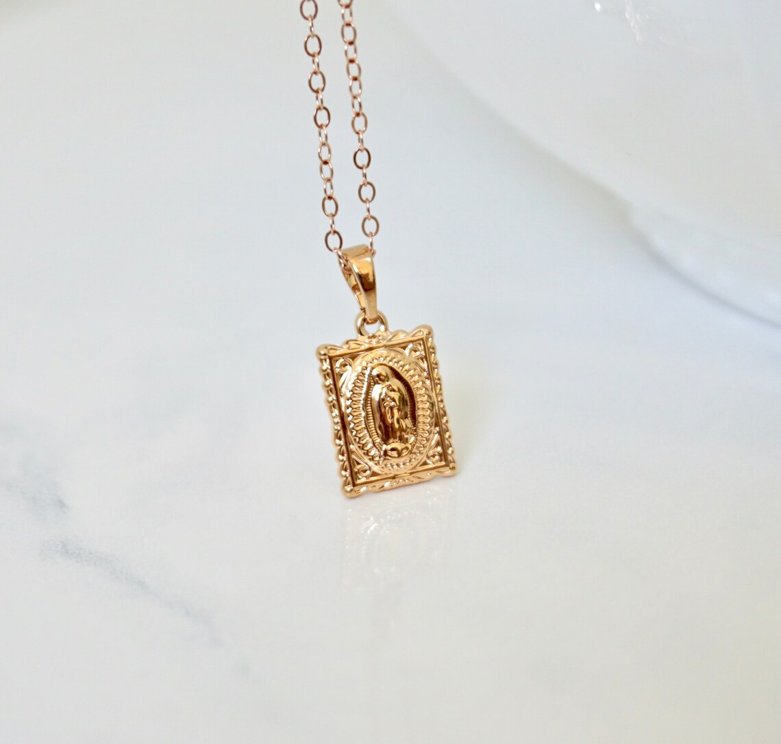 Rose Gold Mother Mary Necklace Square Mary Pendant Mary - Etsy