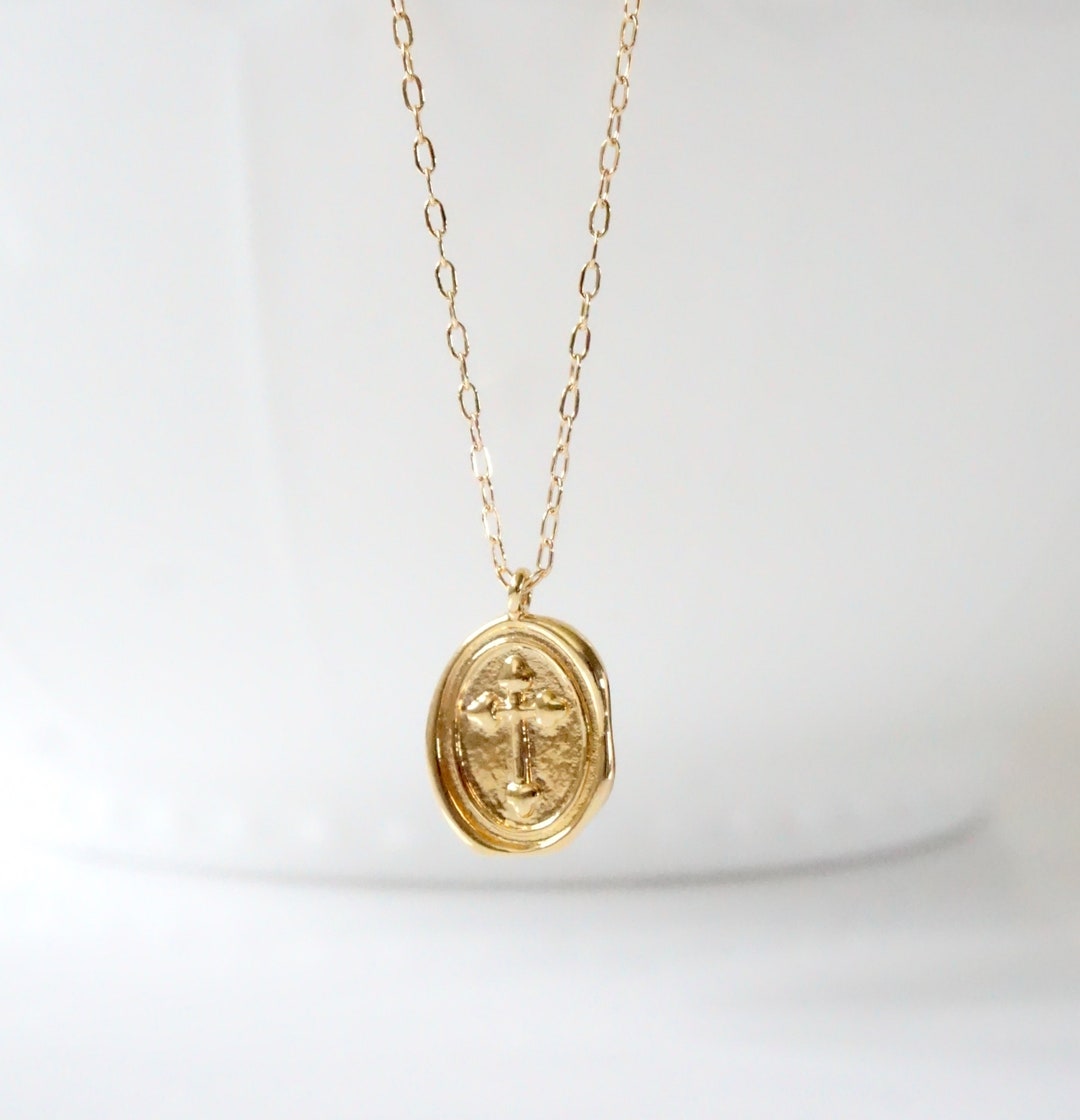 Gold Cross Medallion Pendant Necklace, Cross Necklace, Sterling Silver ...