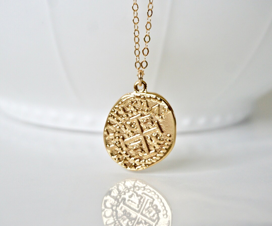 Gold Cross Medallion Necklace, Rustic Cross Necklace, Round Coin ...