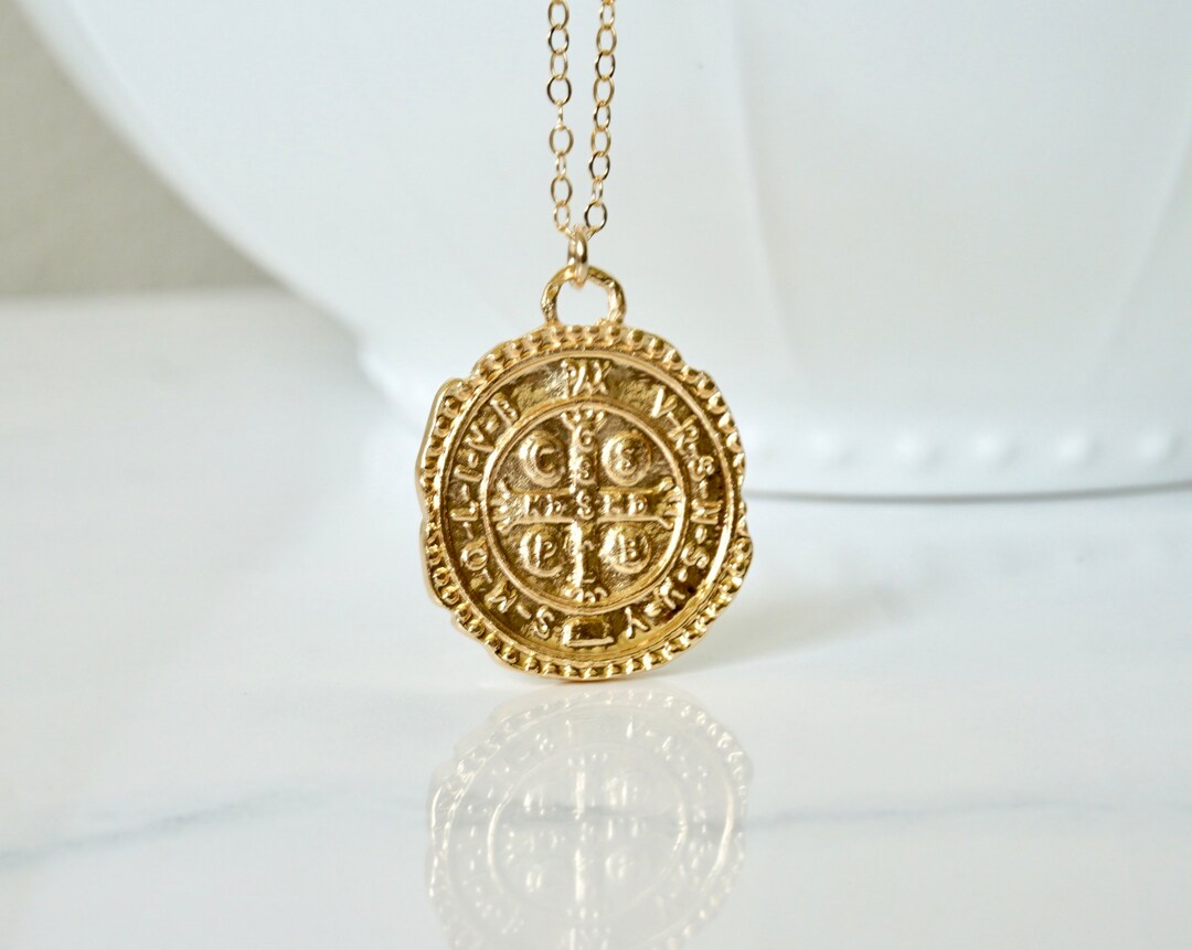 Greek Coin Necklace, Gold Filled Medallion Necklace, Gold Filled Cross ...
