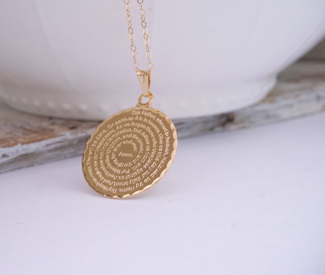 Large Gold Medallion Script Pendant Necklace, Father Prayer Pendant ...