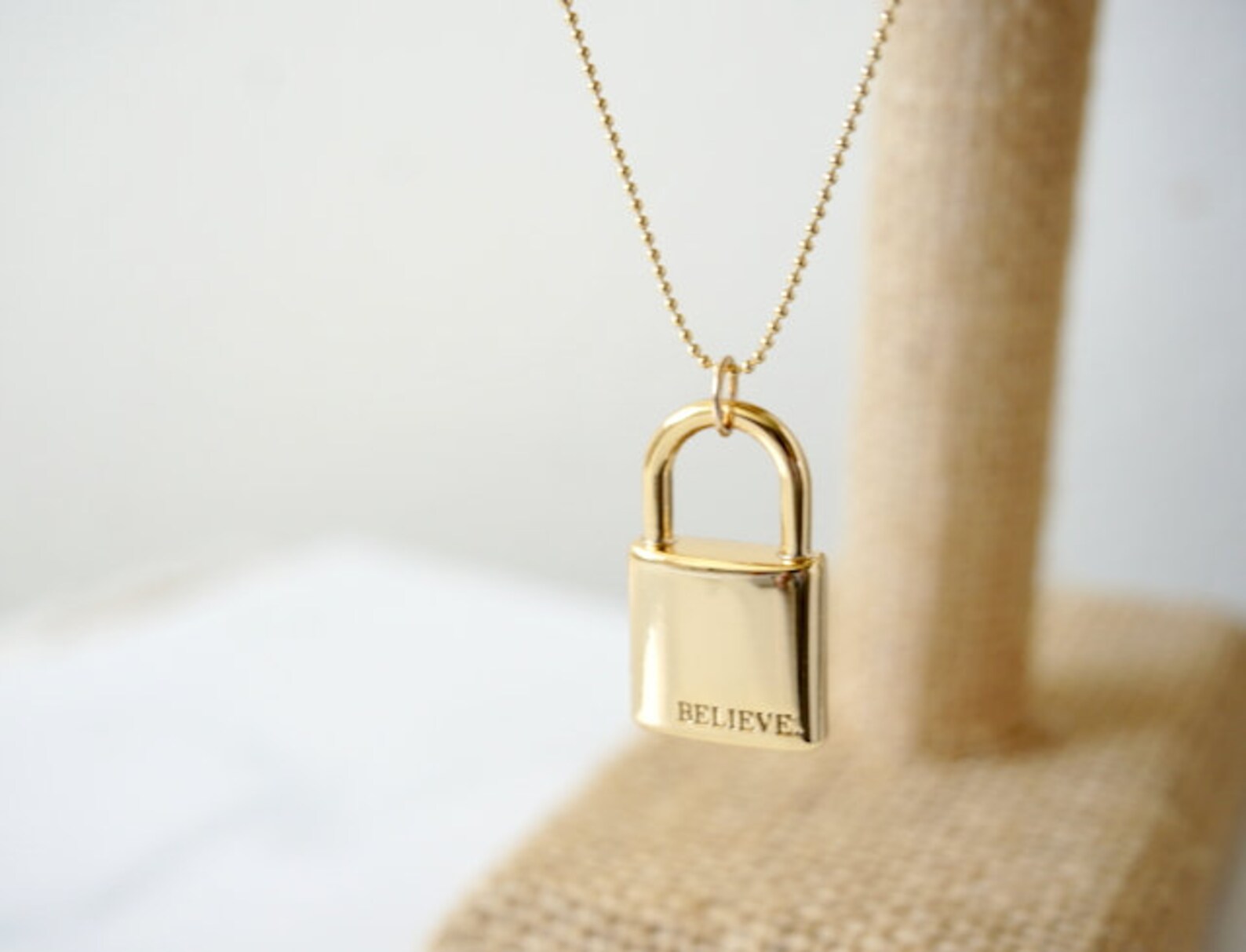 Gold Padlock Necklace With Ball Beaded Chain, Believe Gold Pad Lock ...