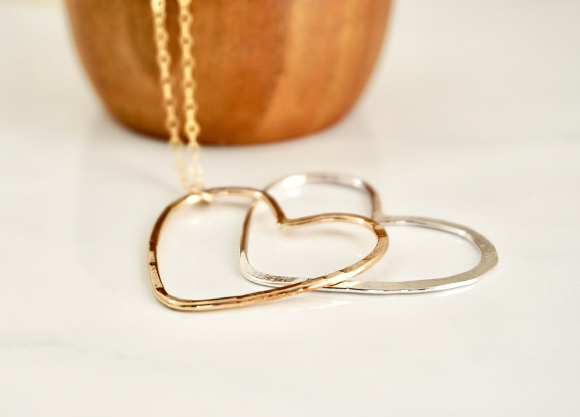 Gold Filled Open Heart Necklace, Sterling Silver Heart Choker, Hammered ...
